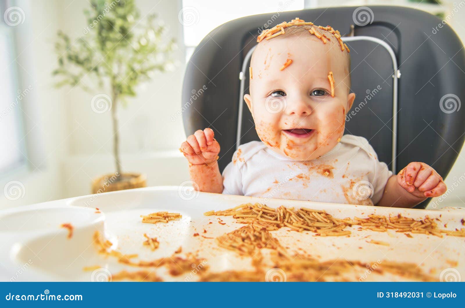 Little Baby Eating Her Dinner and Making a Mess Stock Image - Image of ...