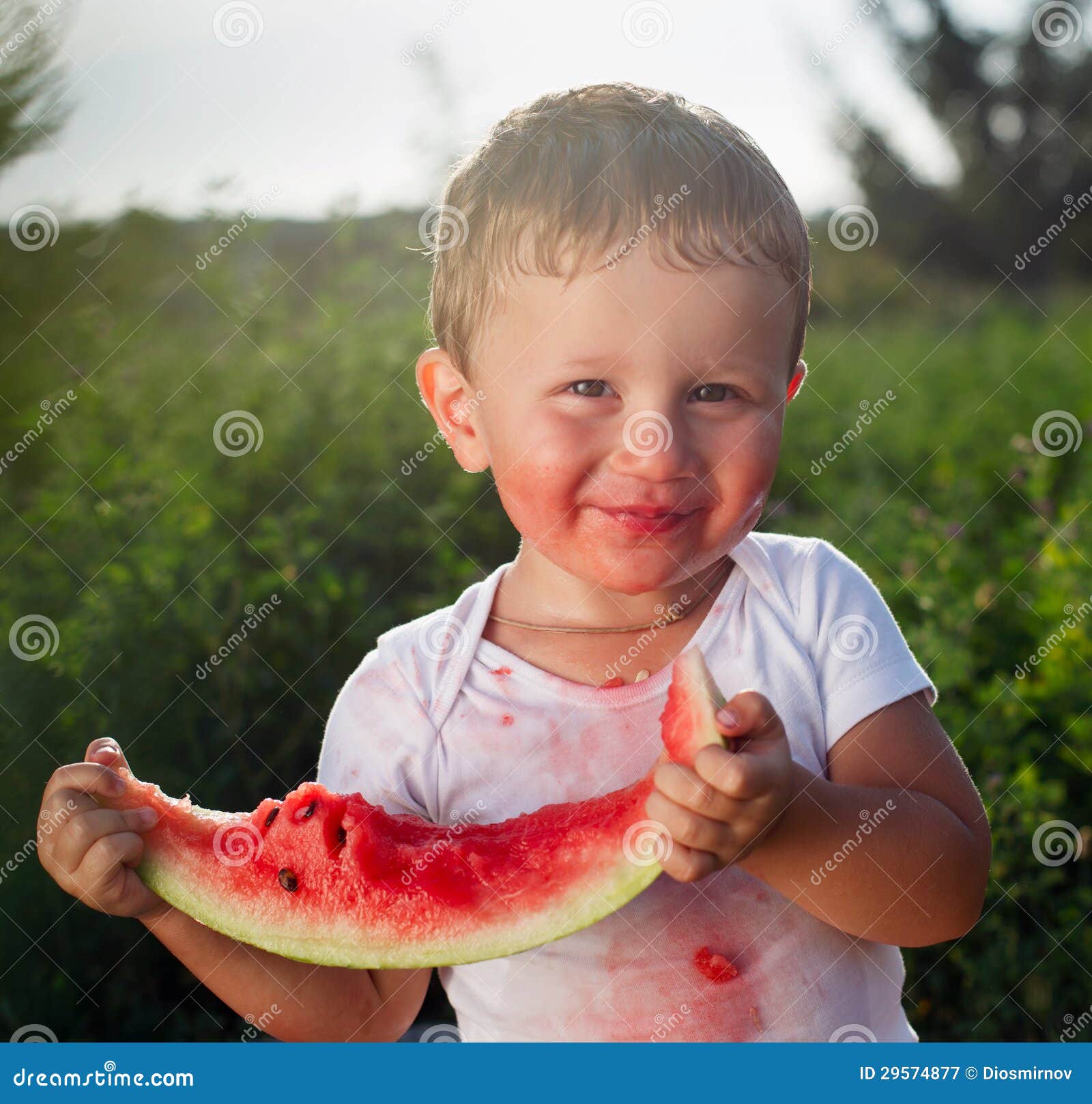 Little Baby Eating Watermelon Outdoors Stock Image - Image of ...