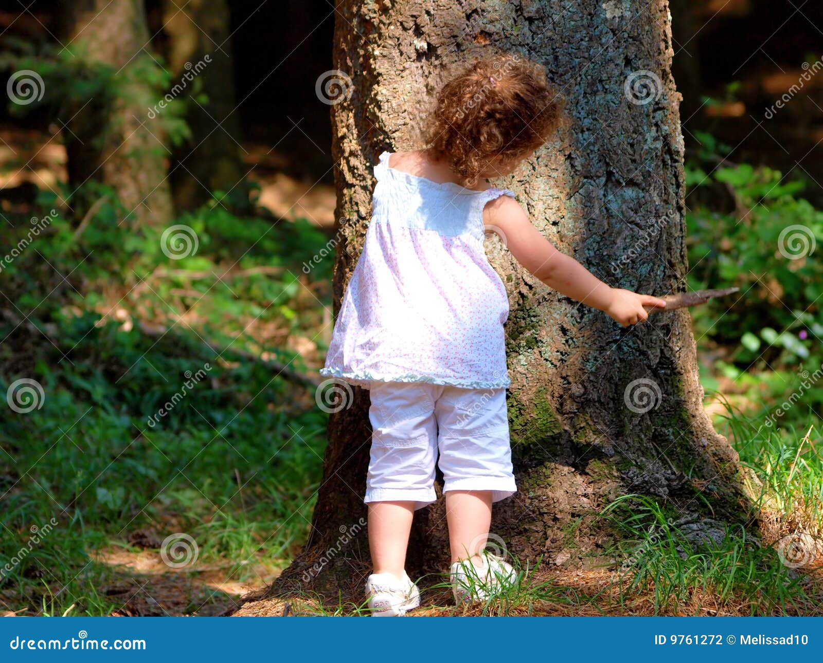 Little Baby Girl in the Forest Stock Photo - Image of happiness ...