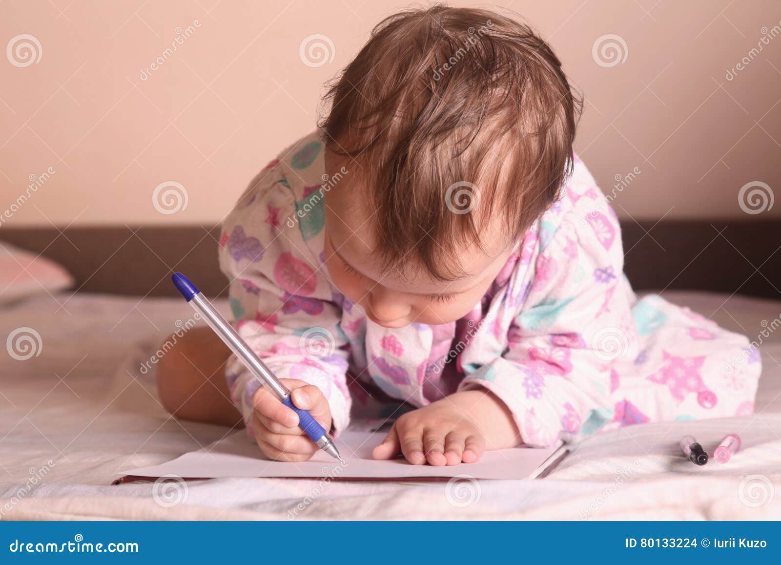 Little Baby Girl Learns To Write Development, Education Stock Photo ...