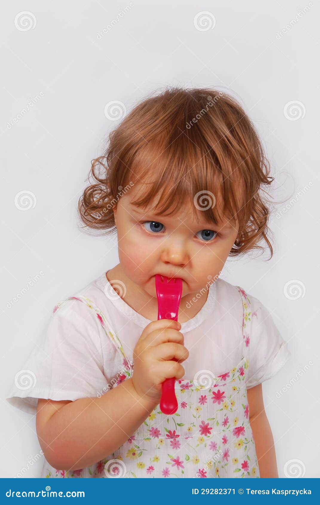 Little Baby Girl with Pink Fork Stock Image - Image of lunch, fork ...