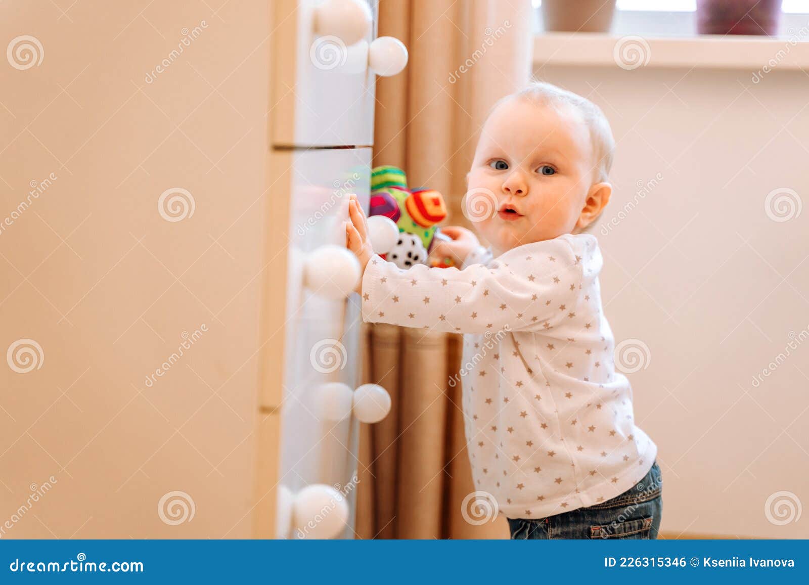 Little Baby at Home in Bright Bedroom Stock Photo - Image of lifestyle ...