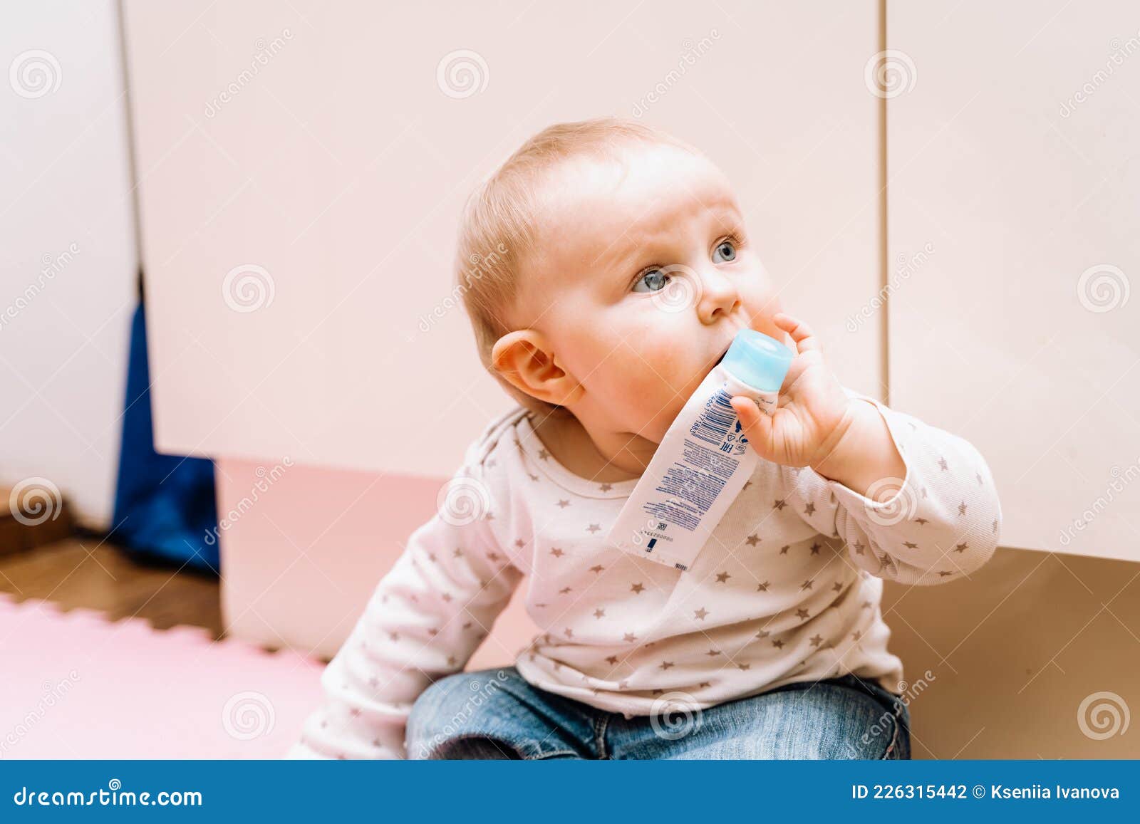 Little Baby at Home in Bright Bedroom Stock Photo - Image of innocent ...