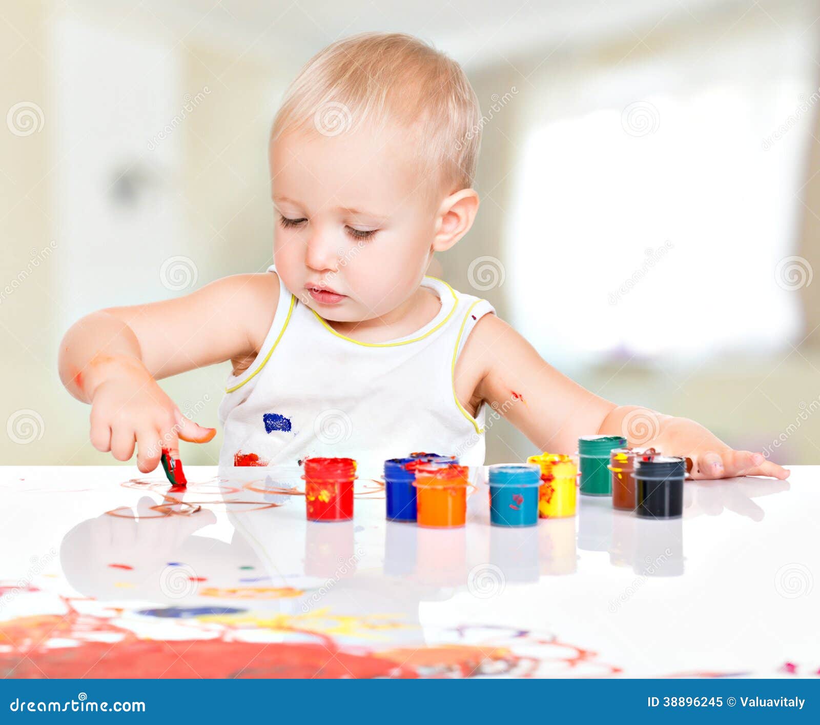 Little Baby Paint by His Hands. Stock Image - Image of finger, white ...
