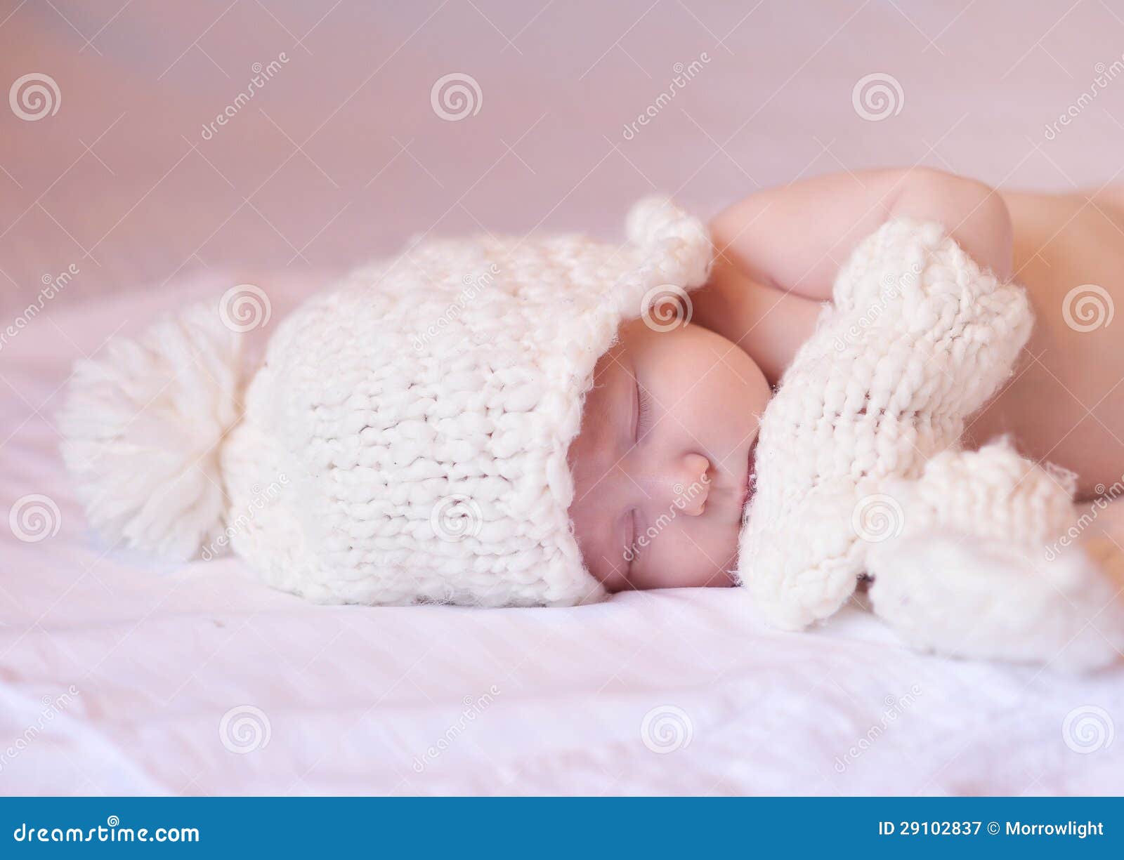 Little Baby Sleeping with Knitted Hat and Mittens Stock Image - Image ...