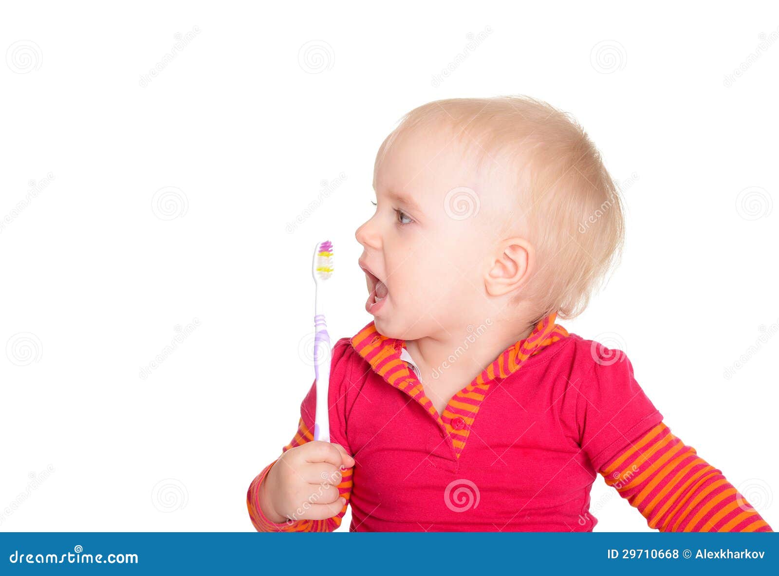 Little Baby Girl with Toothbrush Isolated on White Background Stock ...