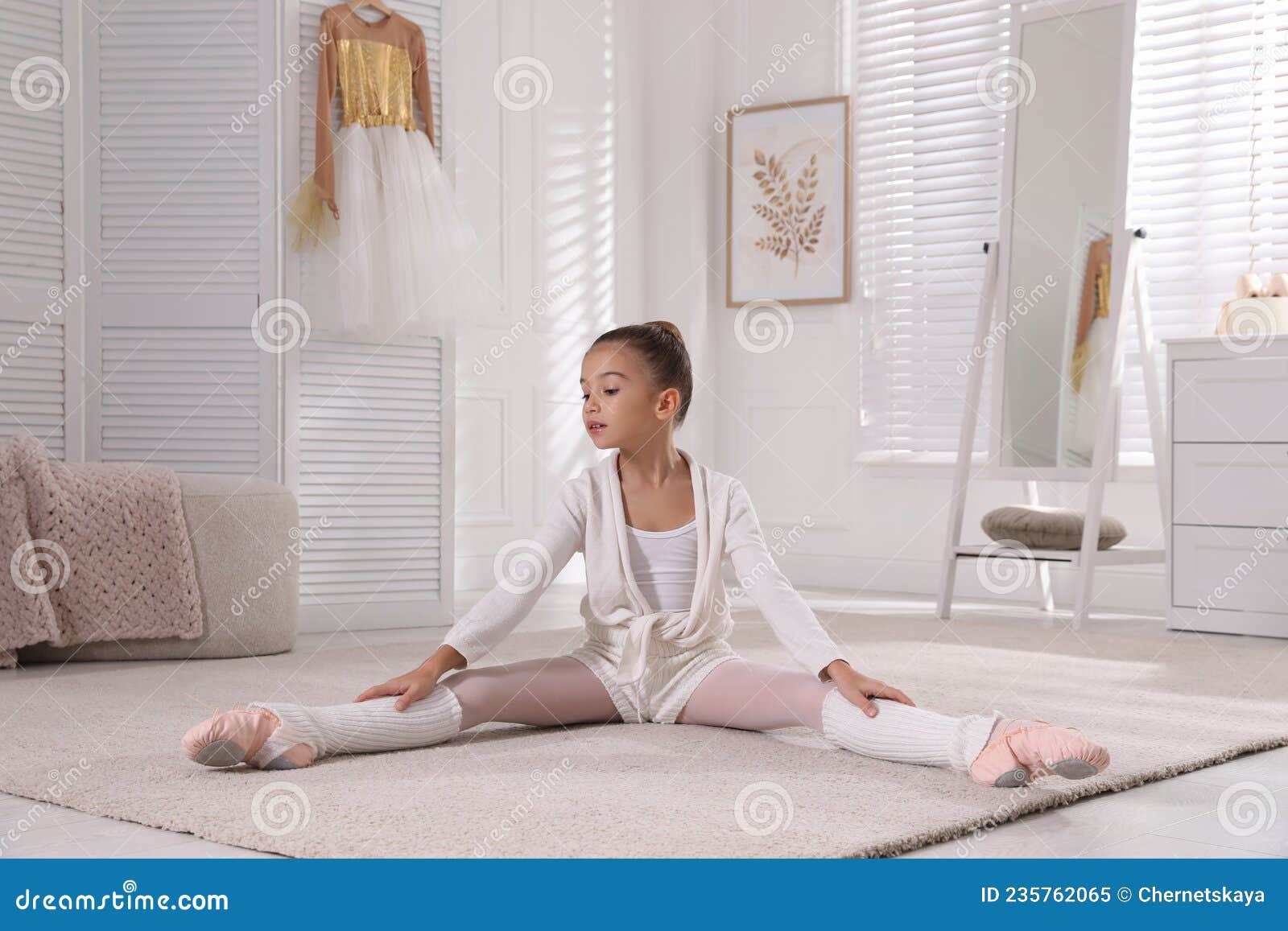 Little Ballerina Stretching on Floor at Home Stock Image - Image of ...