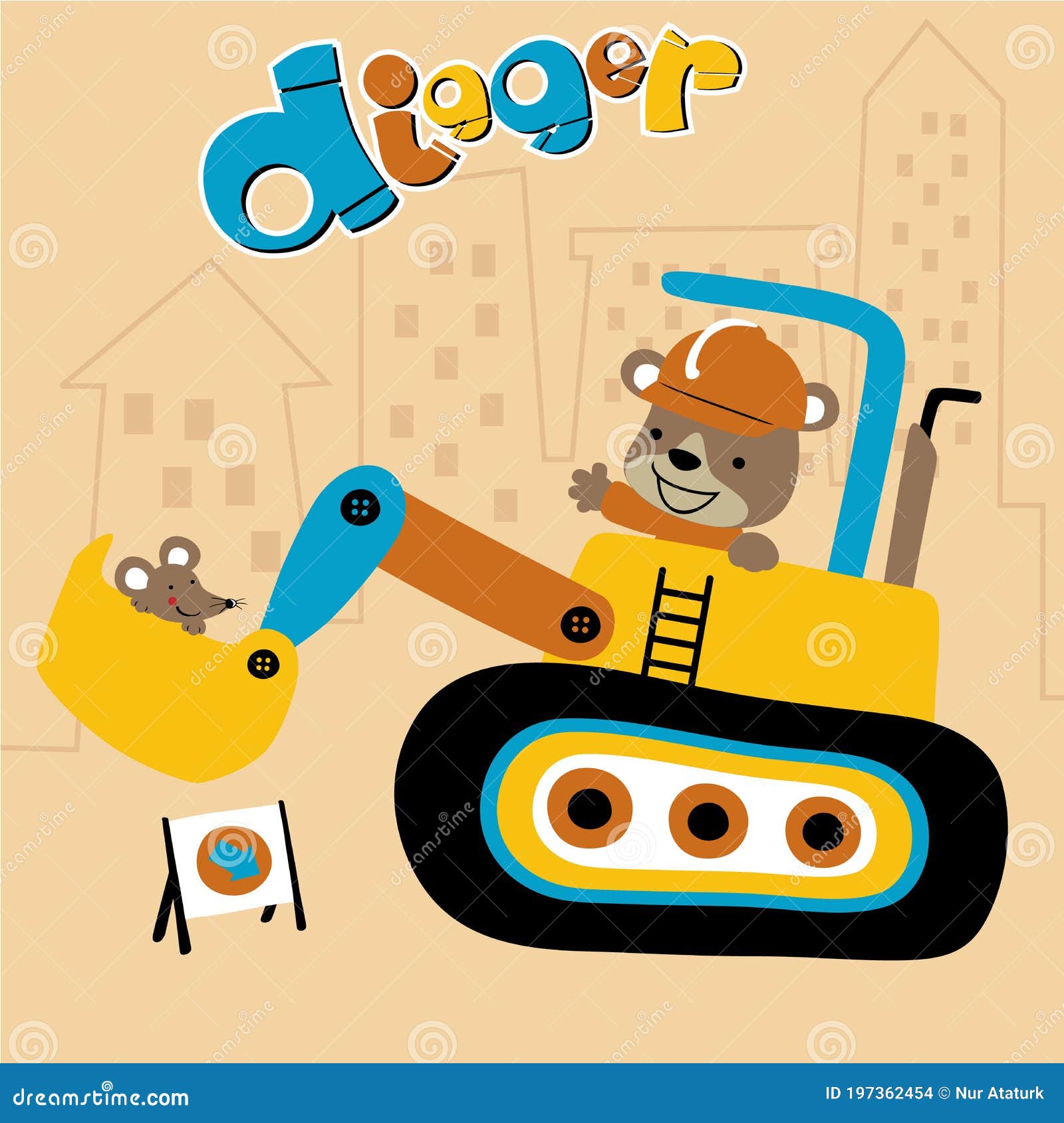 Little Bear with Mice on a Digger, Construction Equipment, Vector ...