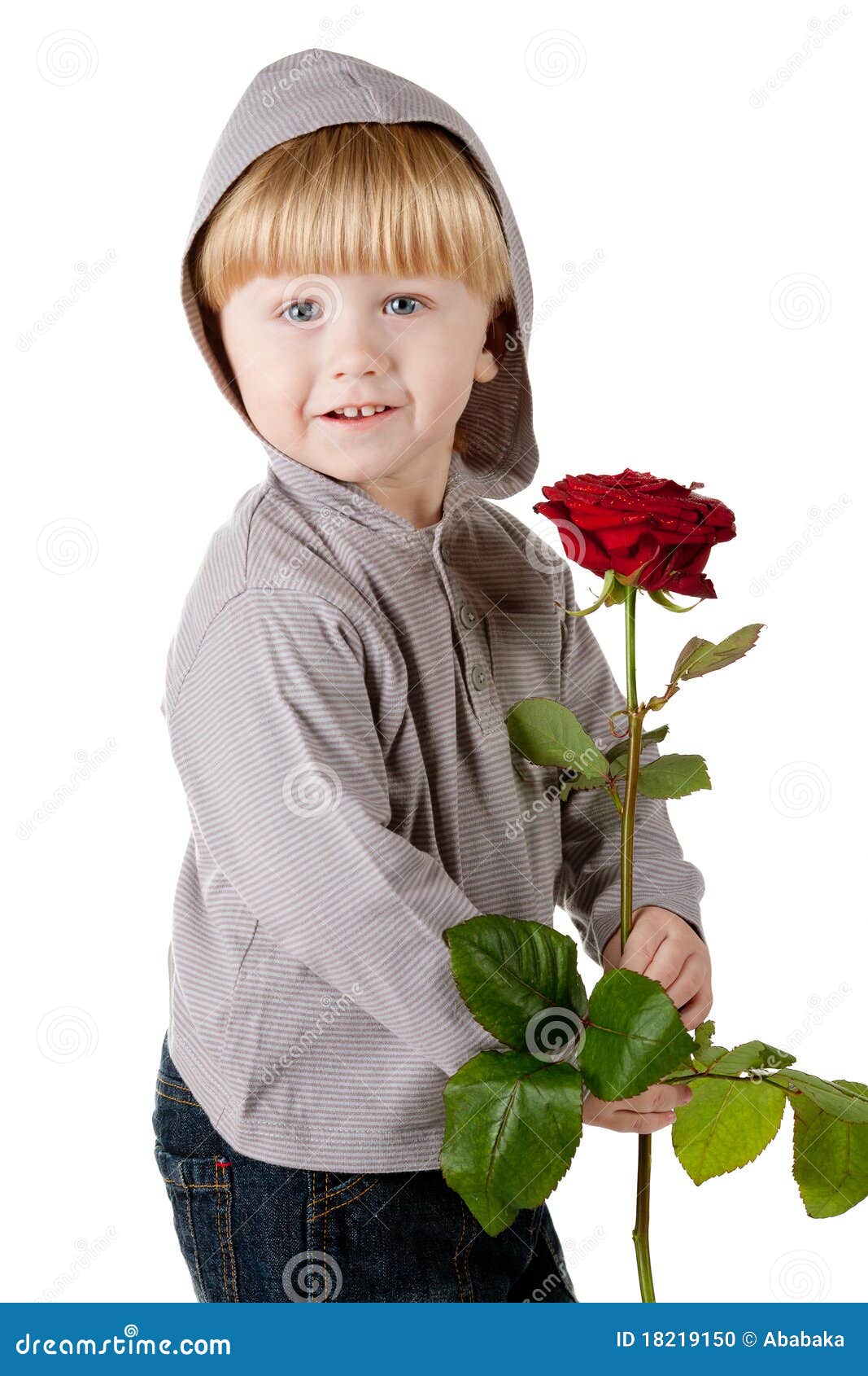 Little Beautiful Boy with Red Rose Stock Photo - Image of face, holiday ...