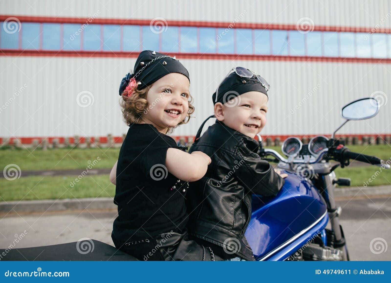 Little Bikers on Road with Motorcycle Stock Image - Image of blue ...