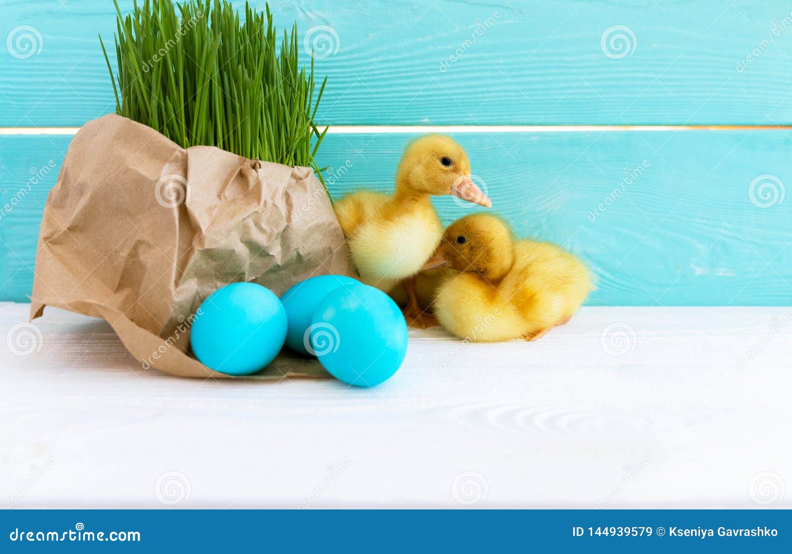 Little Birds Cubs with Easter Eggs on a Blue Background. Spring Concept ...