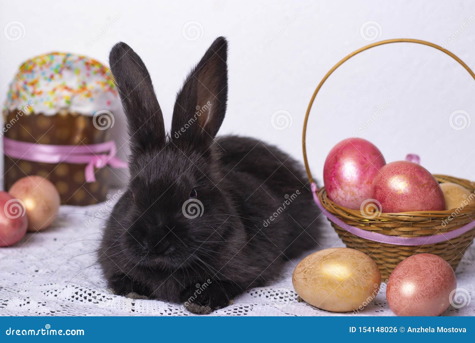 Little Black Bunny Rabbit in the Easter Composition with Eggs and ...