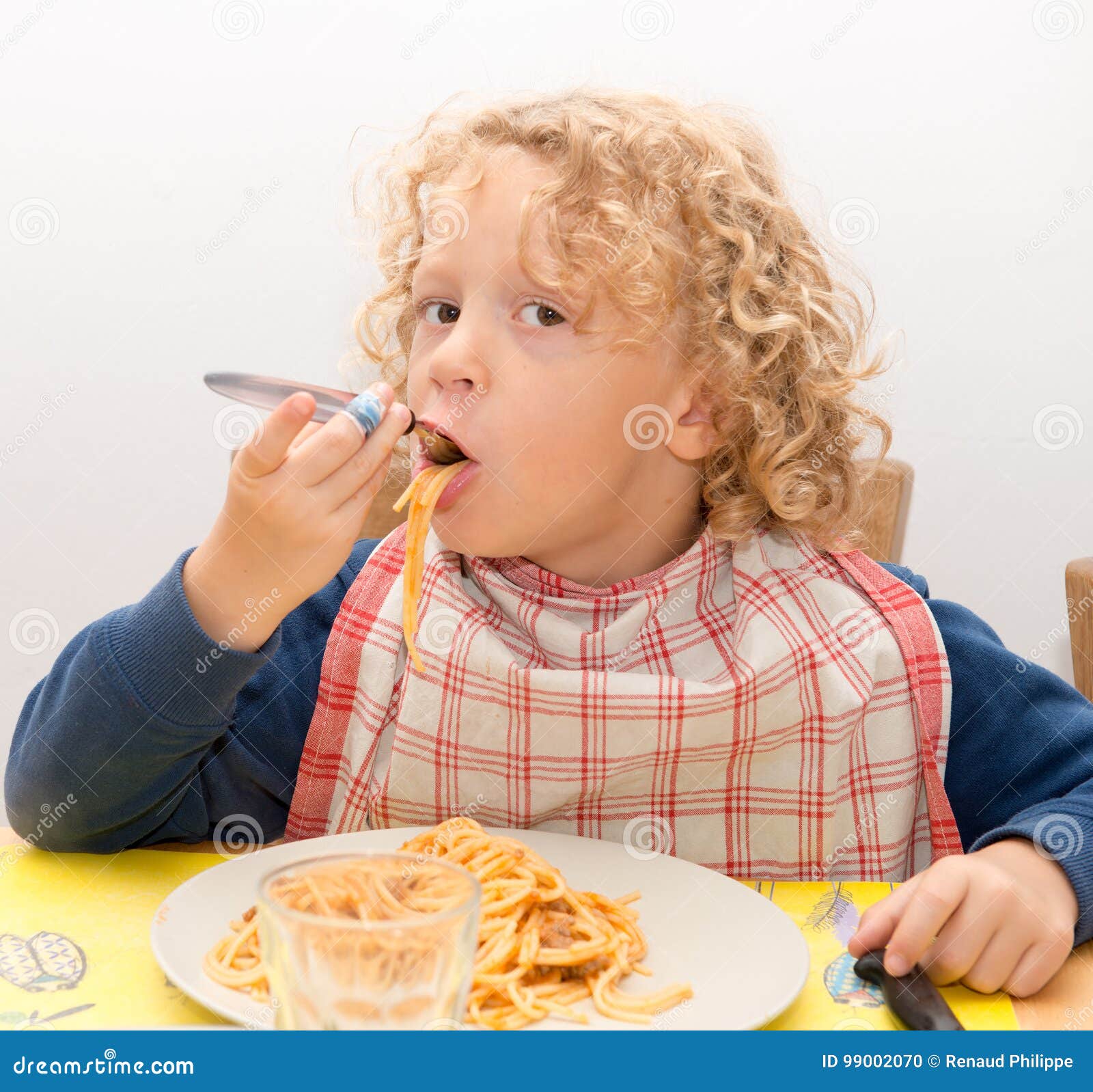 Little Blond Boy Eating Pasta with Tomato Sauce Stock Photo - Image of ...