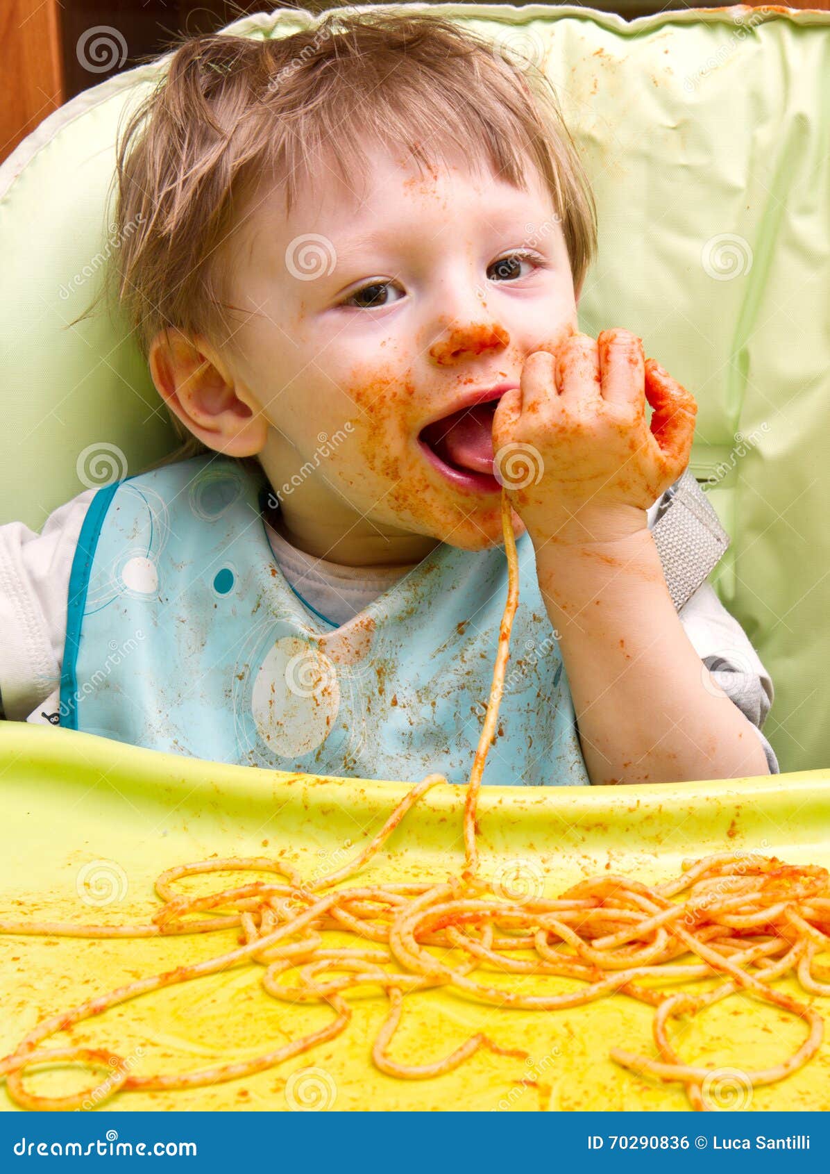 Little Blond Boy Eating Spaghetti Stock Photo - Image of hand, pasta ...