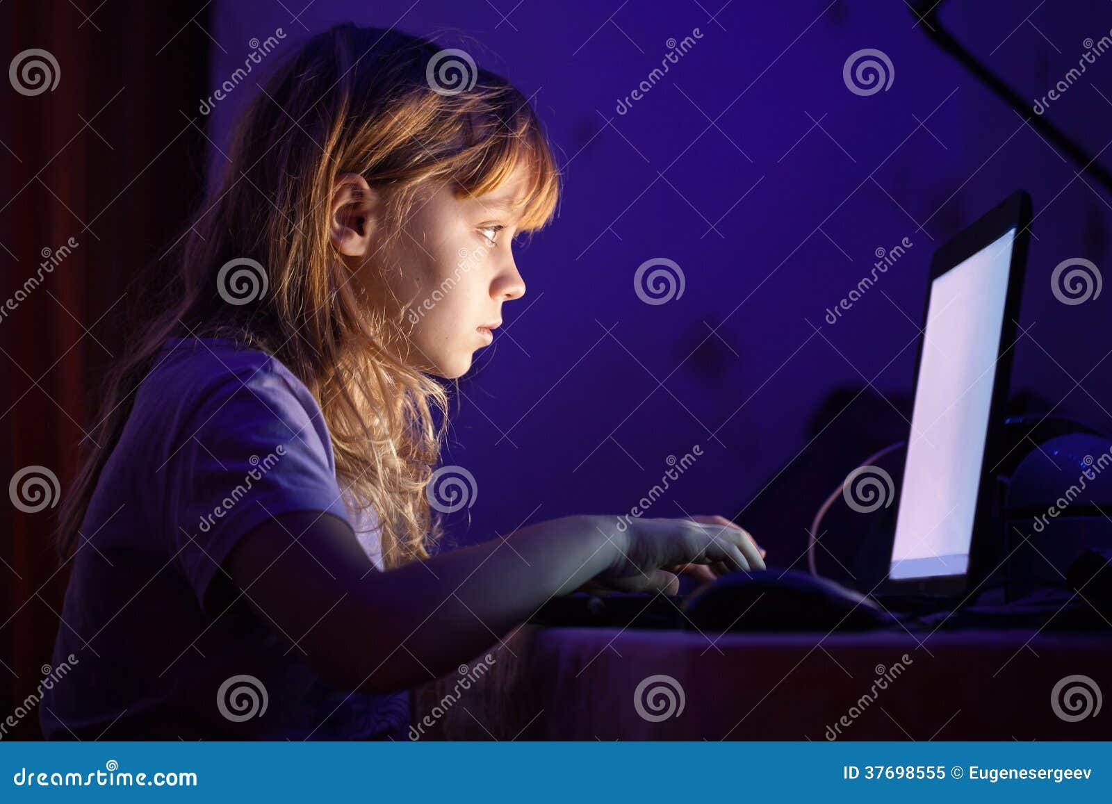 Little Blond Girl Working on Laptop in Dark Stock Image - Image of home ...