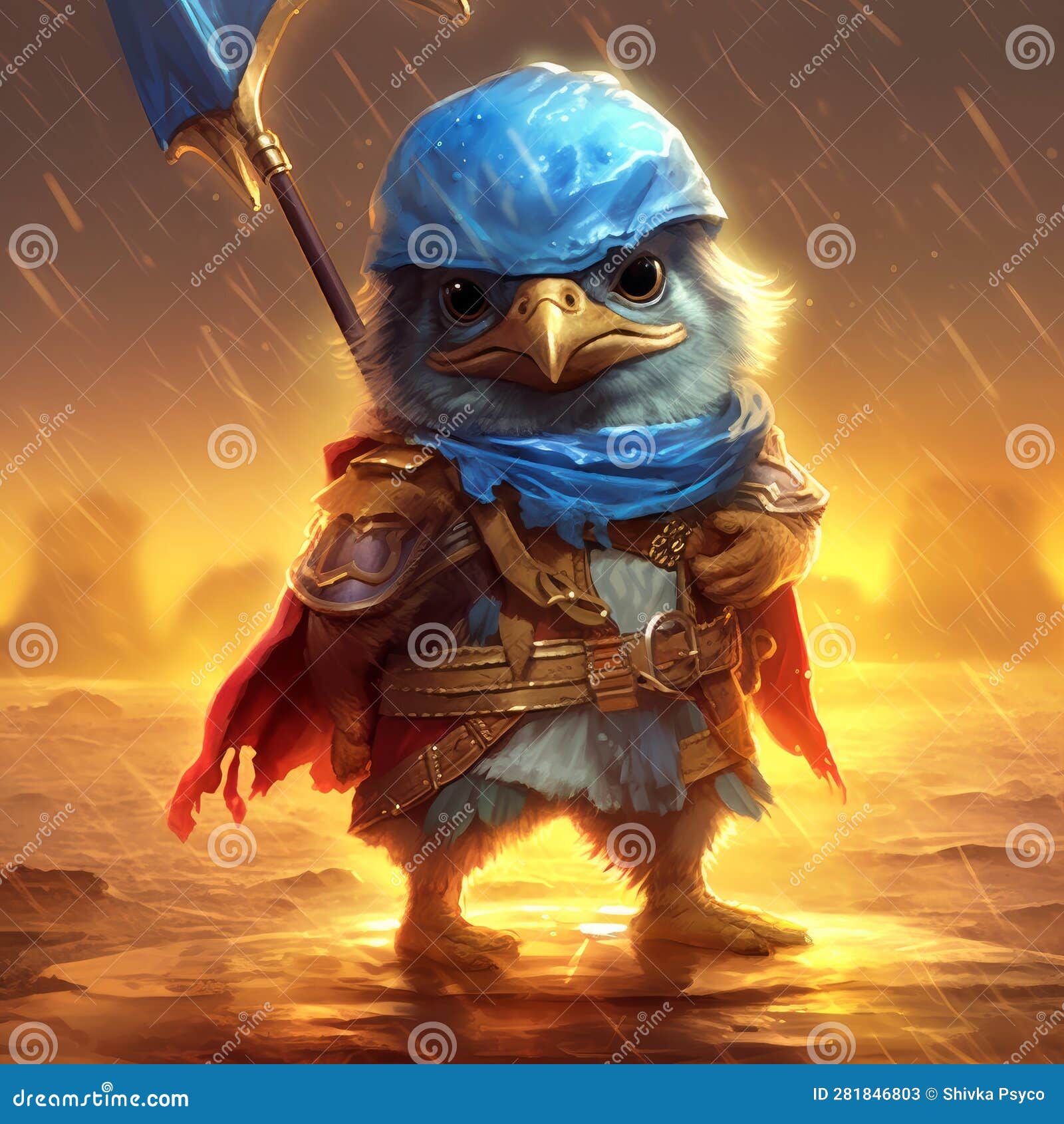 Little Blue Bird is Dressed Up in Samurai in Rain Stock Illustration ...