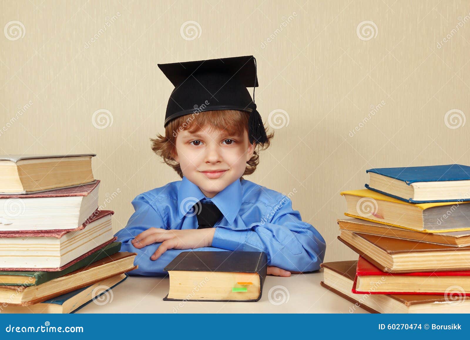Little Boy in Academic Hat among Old Books Stock Photo - Image of books ...