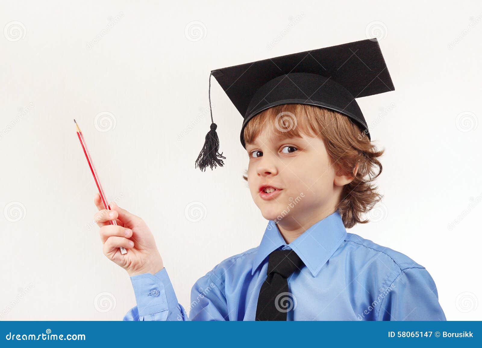 Little Boy in Academic Hat with Pencil on White Background Stock Image ...