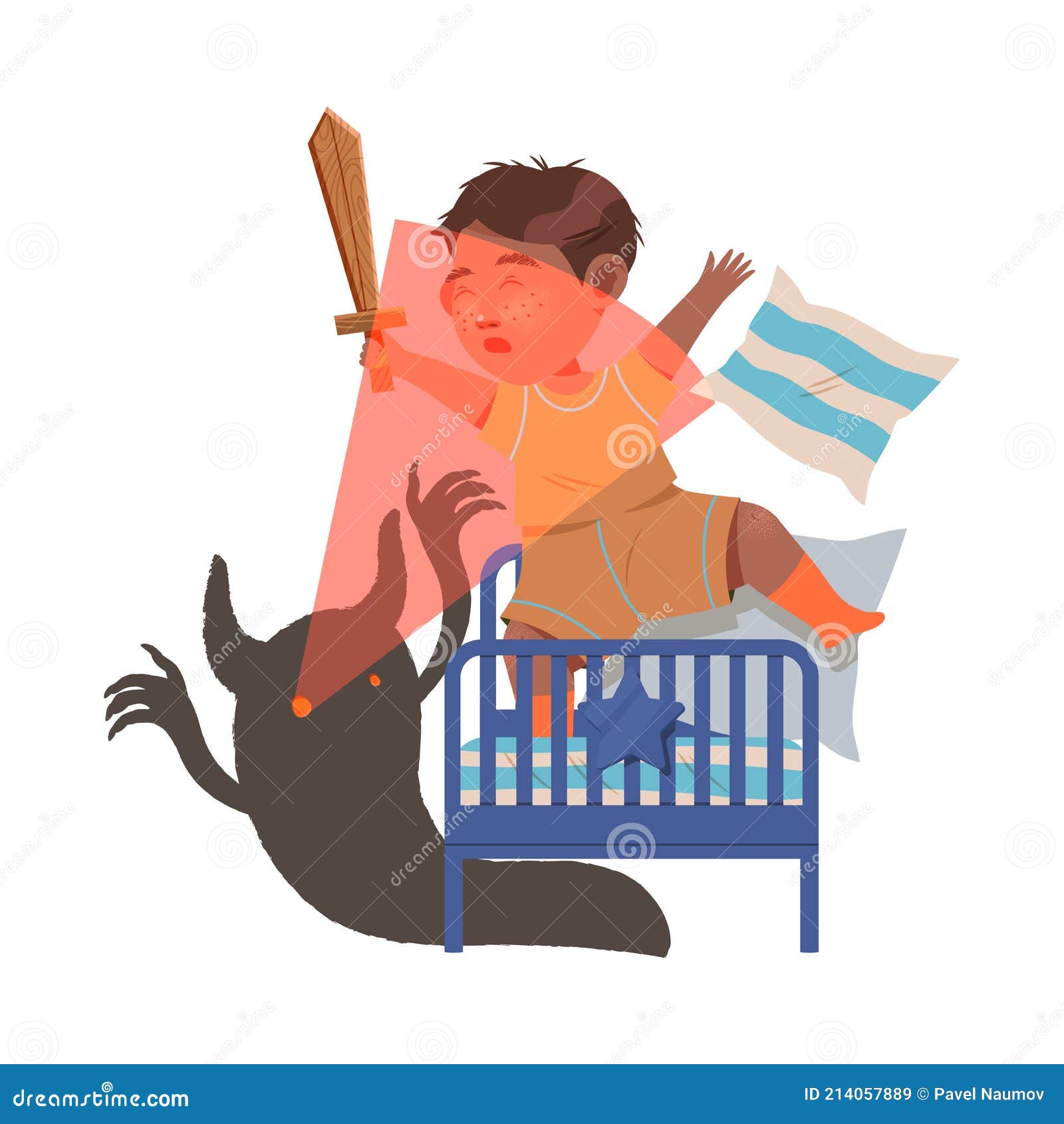 Little Boy Afraid of Monster on His Bed Fighting with Sword Vector ...