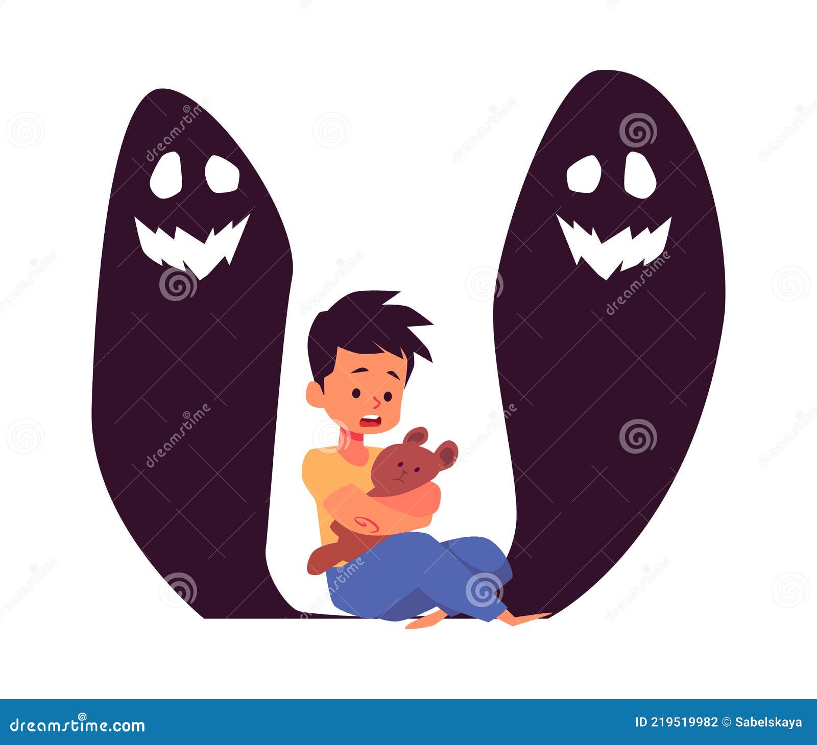 Little Boy Afraid of Monsters Flat Vector Illustration Isolated on ...