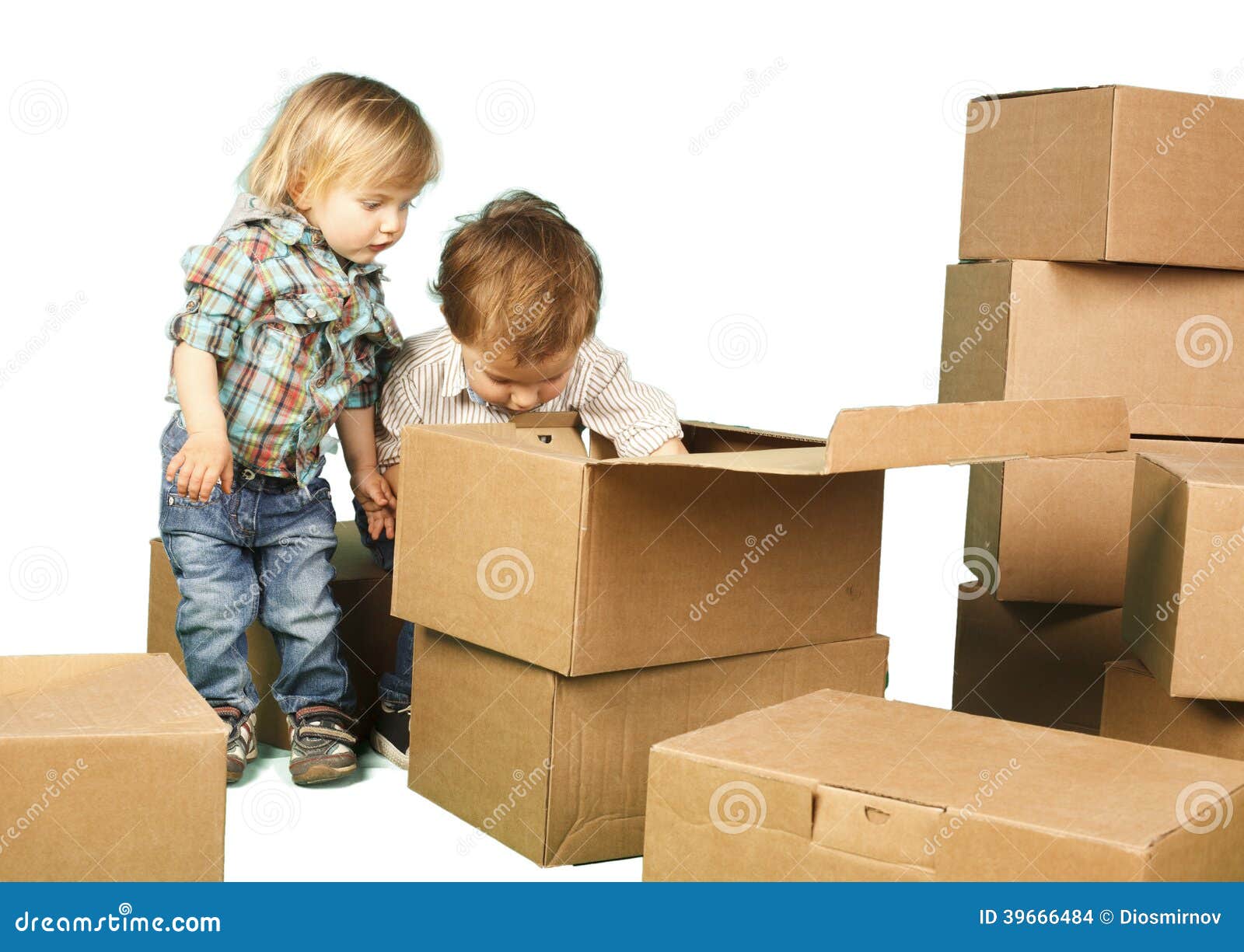 Little Boy Ang Girl Plays in Boxes Stock Photo - Image of childhood ...
