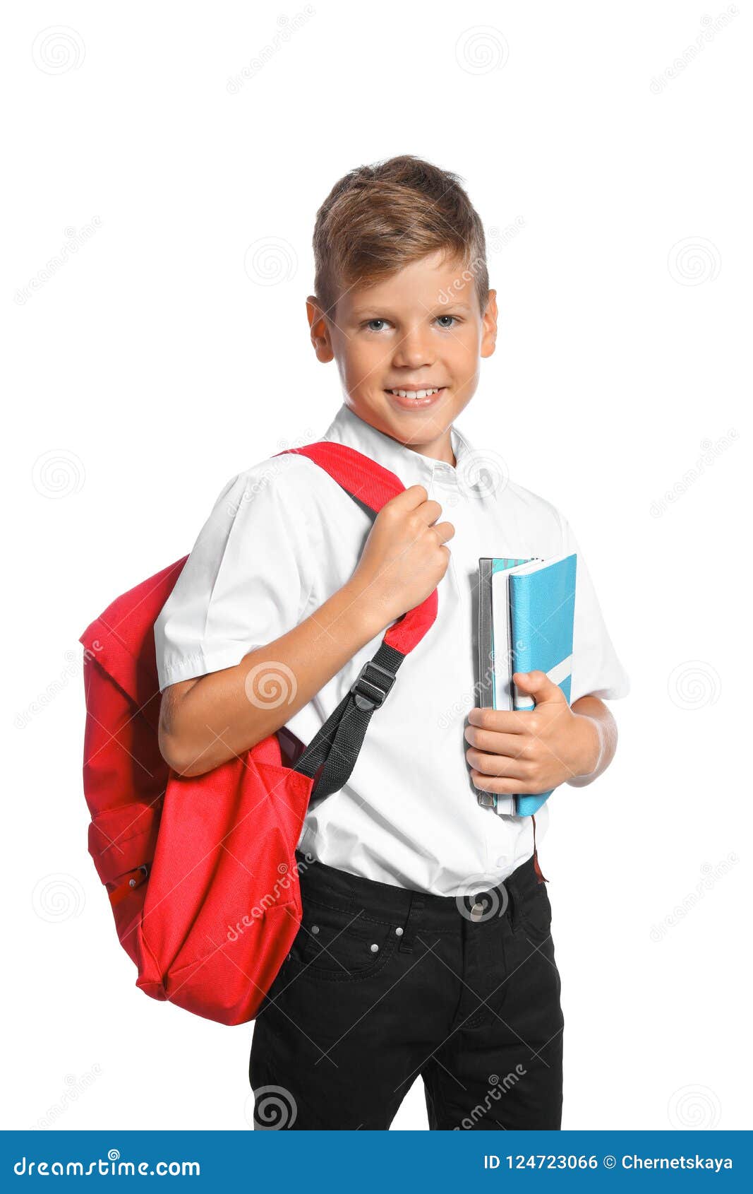 Little Boy with Backpack and Notebooks Stock Photo - Image of ...
