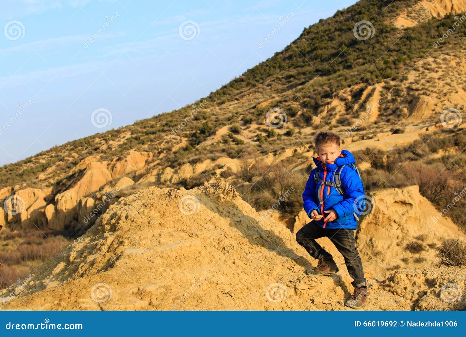 Little Boy with Backpack Travel in Mountains Stock Photo - Image of ...