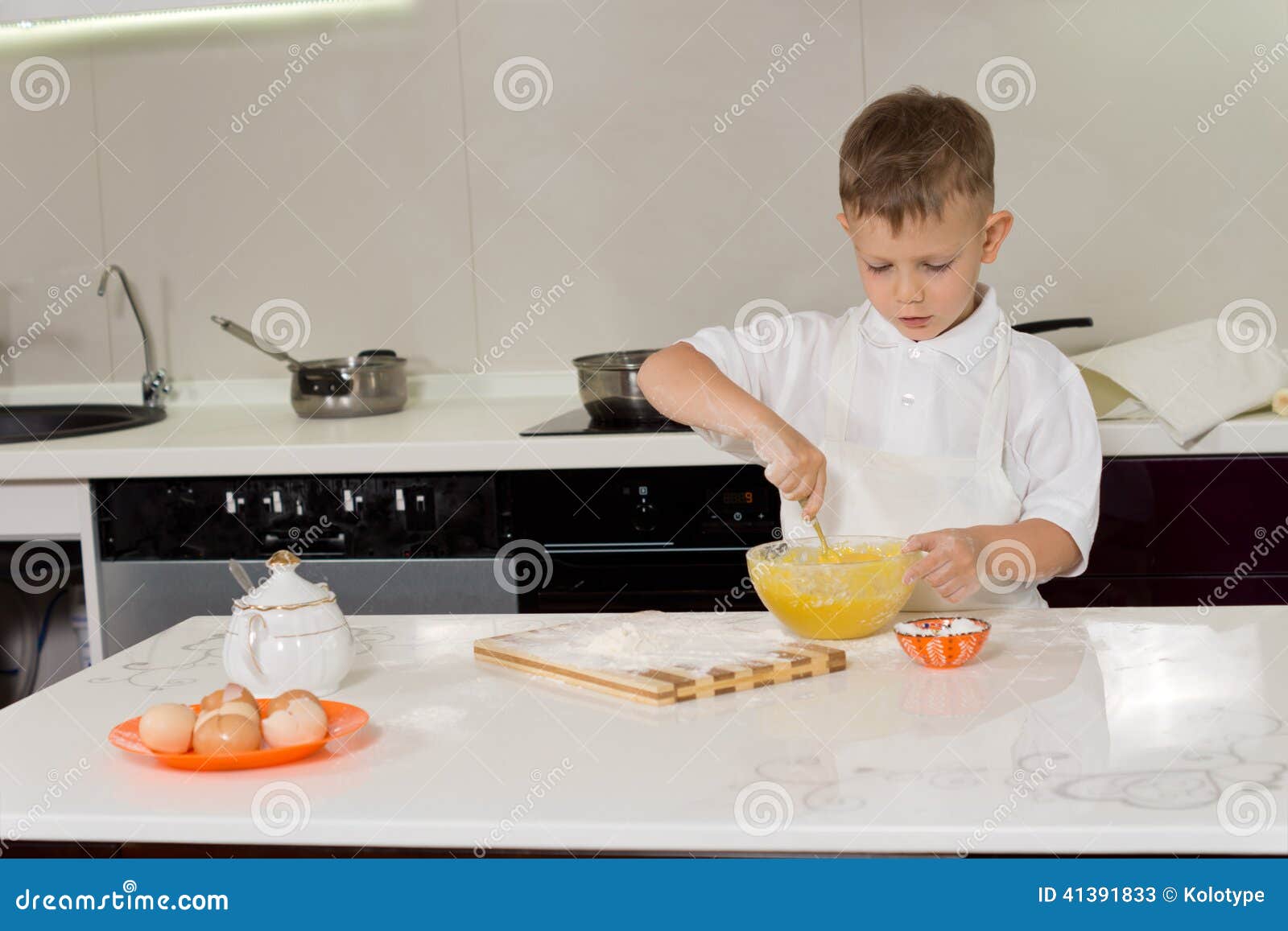 Little Boy Baking Beating Flour and Eggs Stock Image - Image of ...