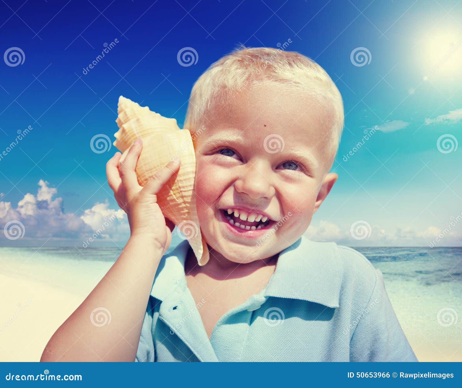 Little Boy Beach Seashell Fun Vacation Concept Stock Photo - Image of ...
