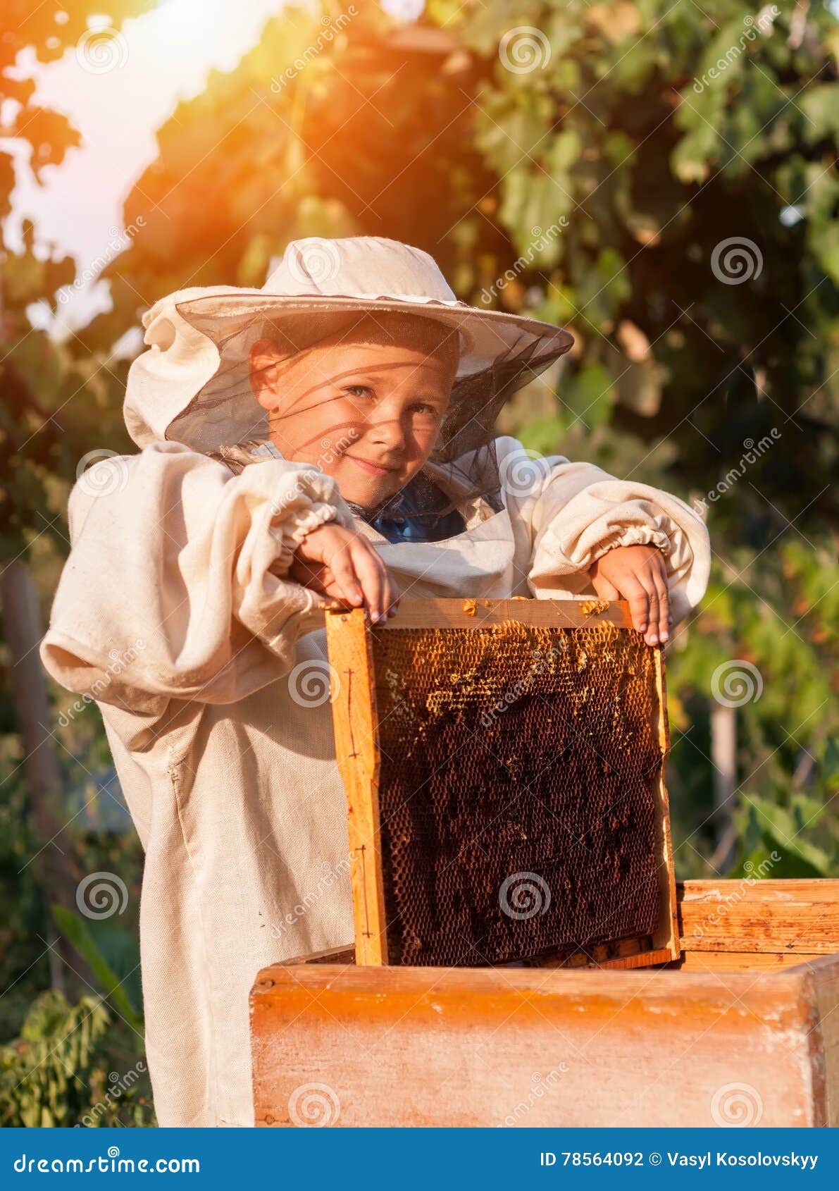 Little Boy Beekeeper Works on an Apiary at Hive Stock Photo - Image of ...