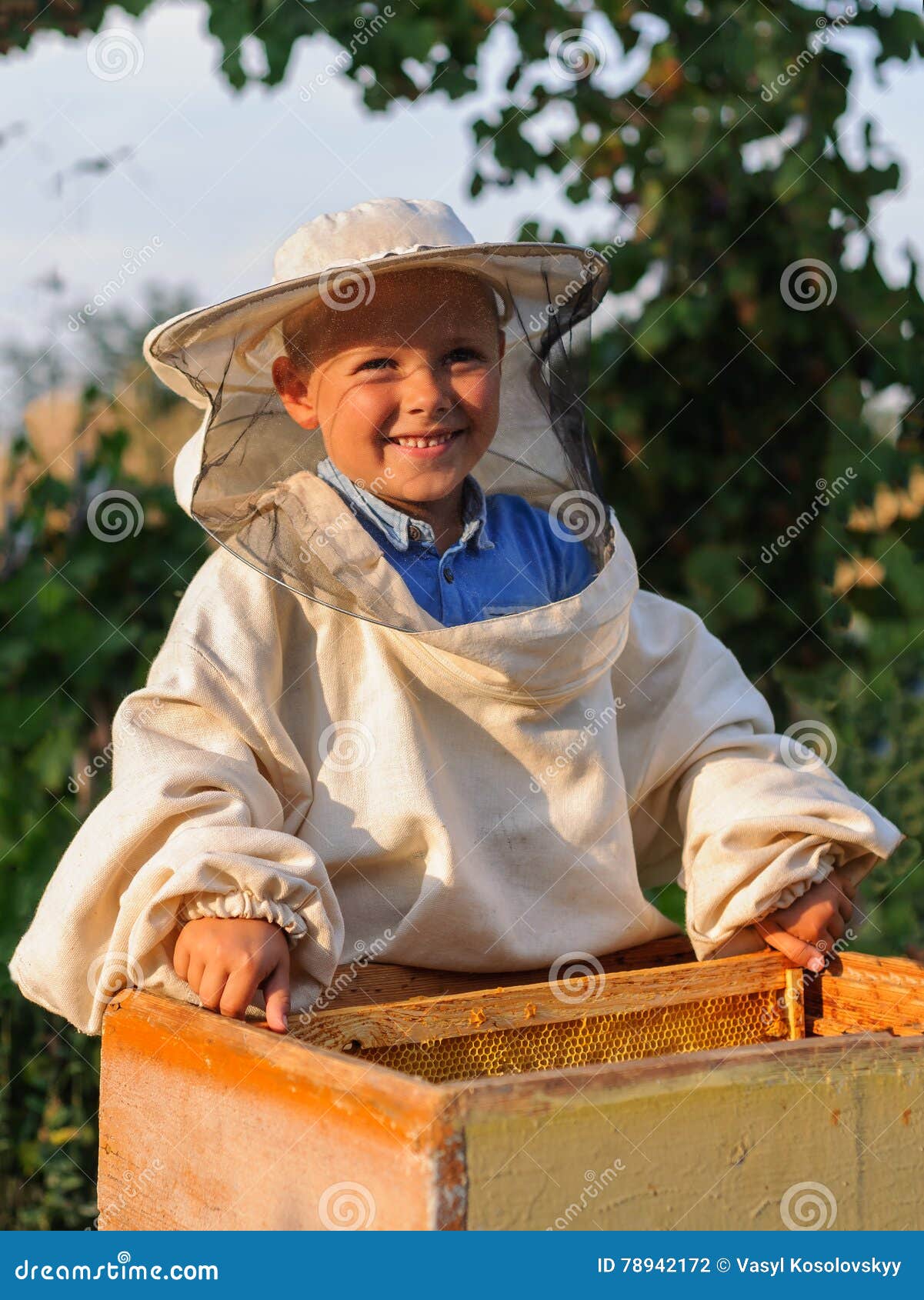 Little Boy Beekeeper Works on an Apiary at Hive Stock Photo - Image of ...
