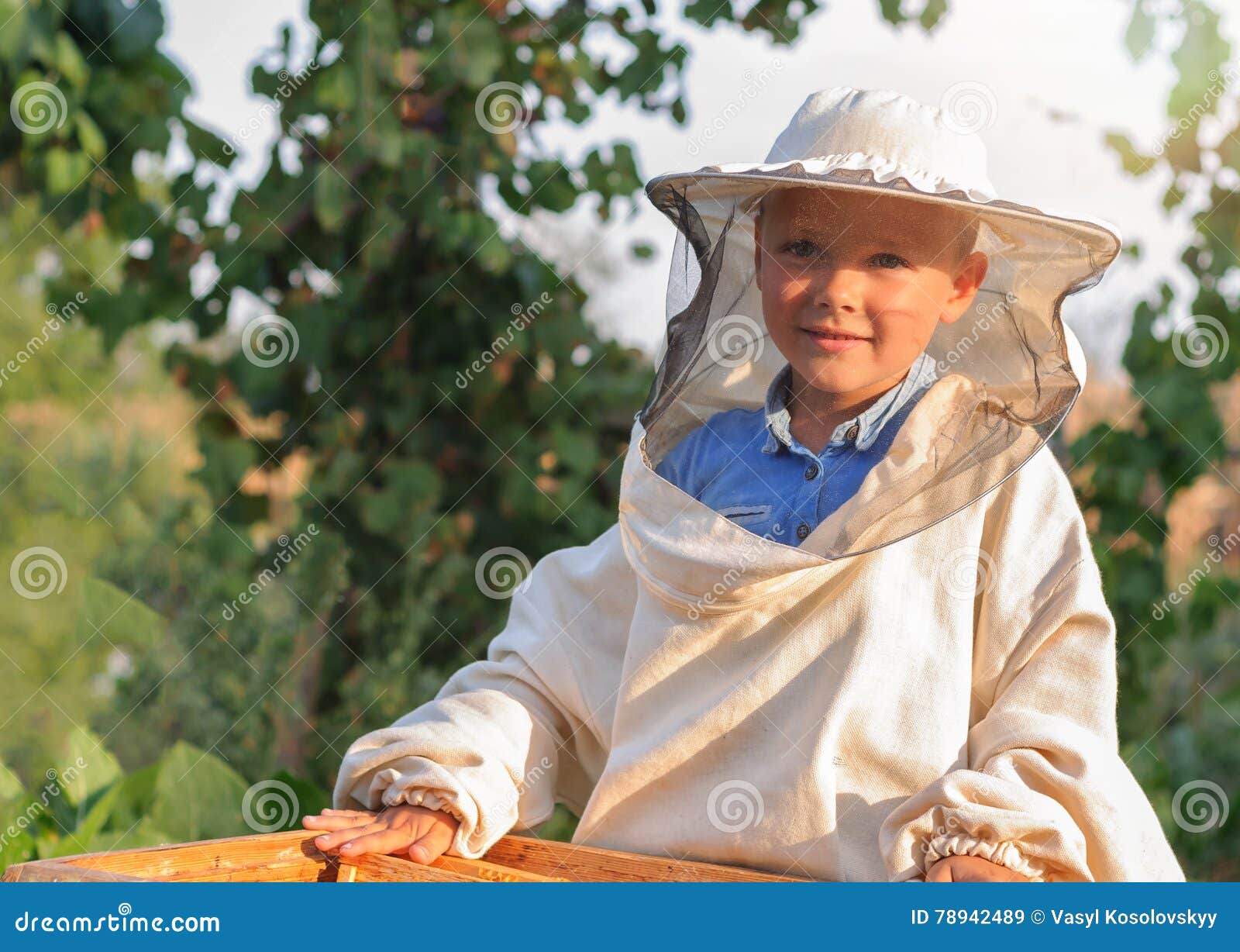 Little Boy Beekeeper Works on an Apiary at Hive Stock Image - Image of ...