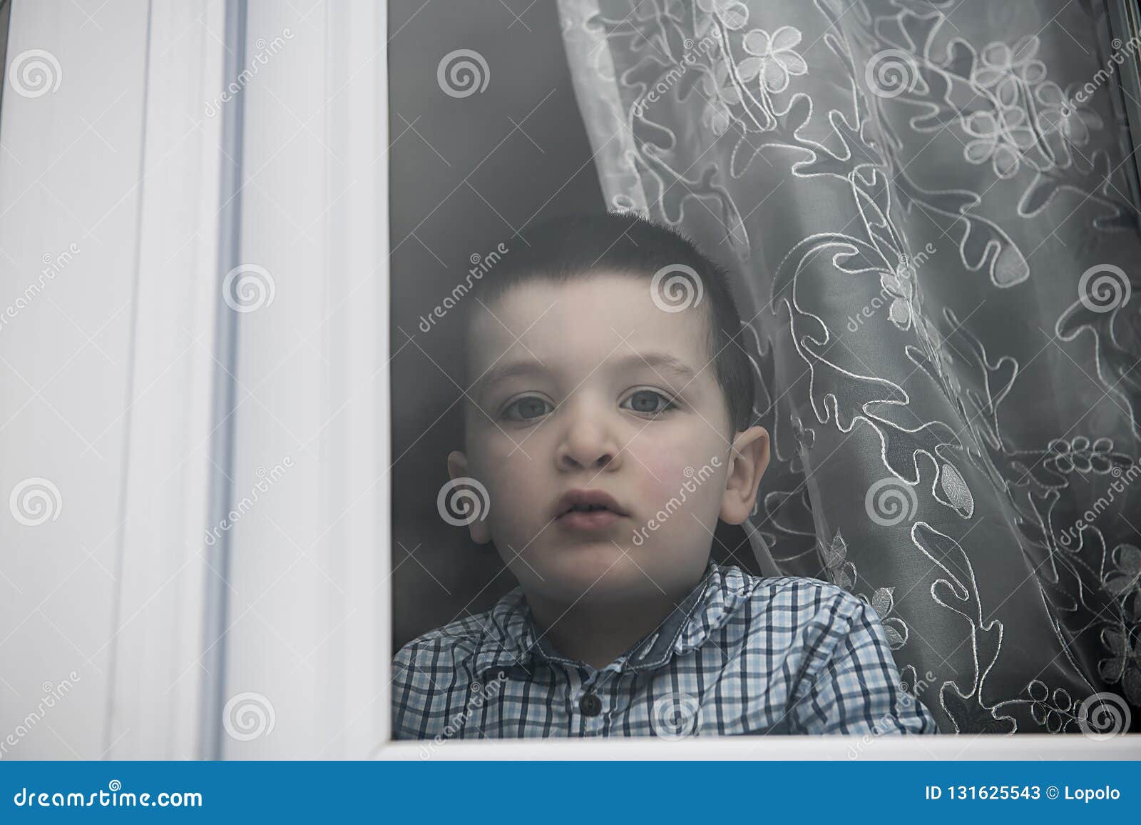 Sad Little Boy Behind a Window Look Sad Stock Image - Image of ...