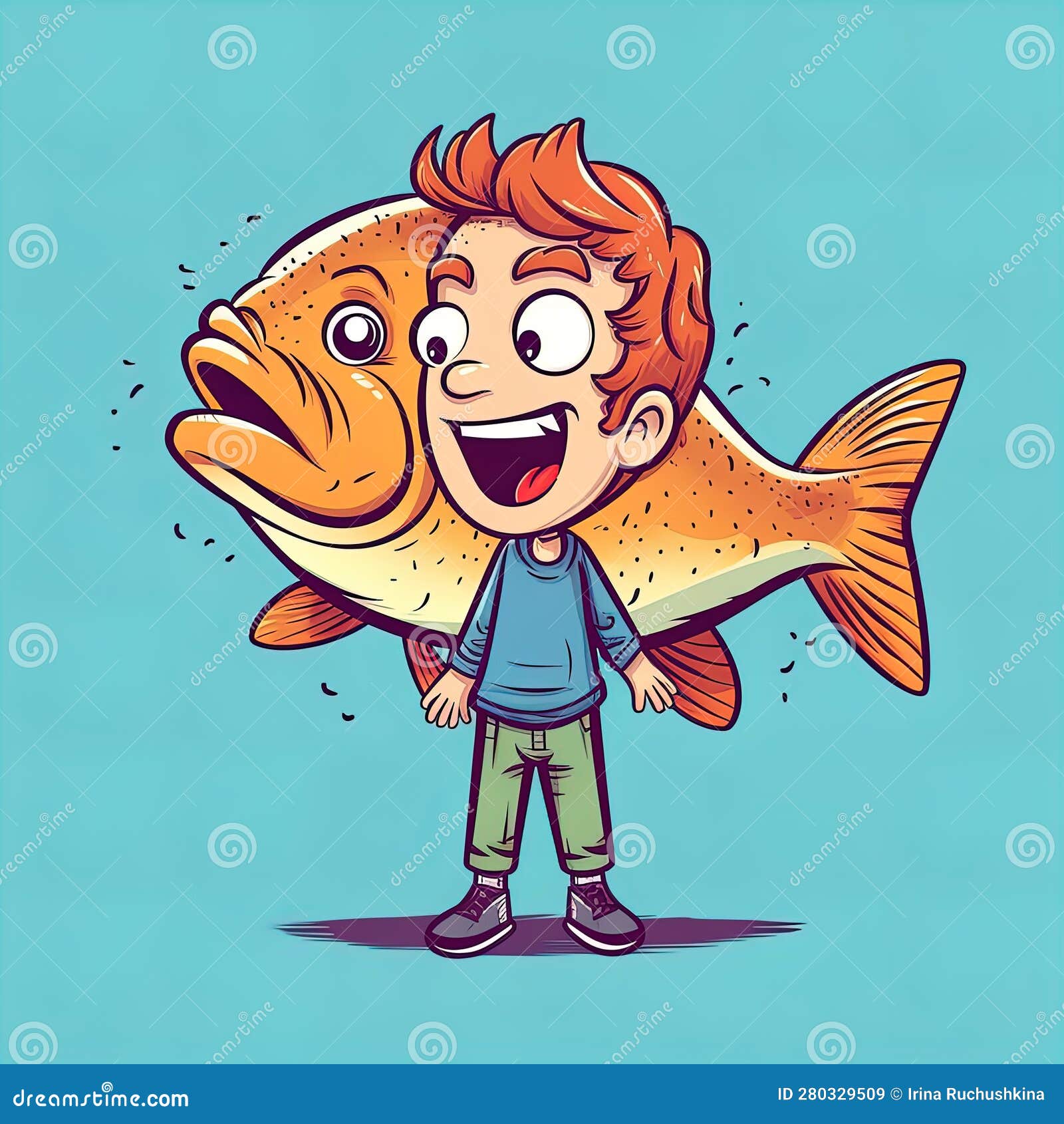 Little Boy and Big Fish, Illustration, Cartoon Generative AI Stock ...