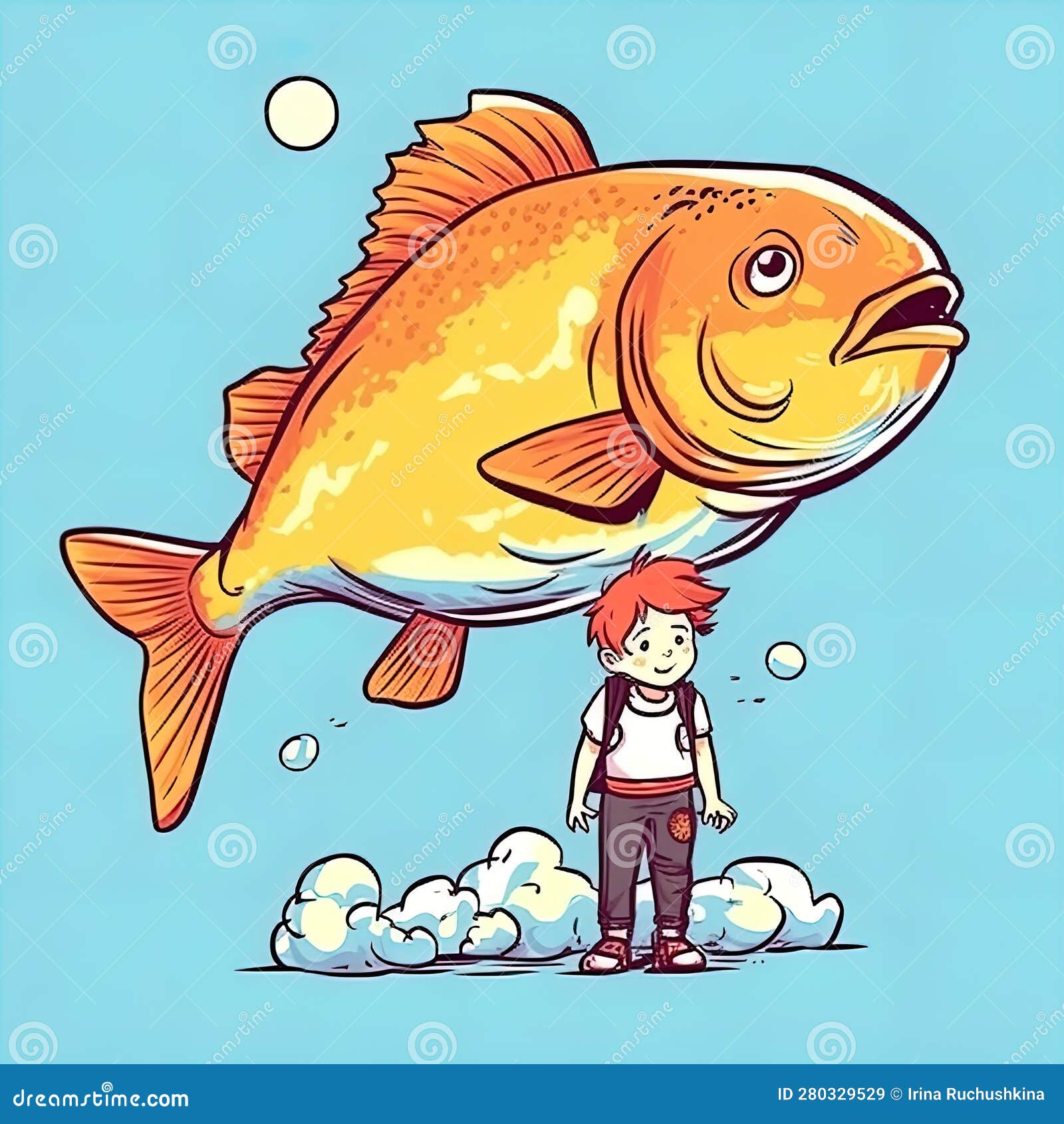 Little Boy and Big Fish, Illustration, Cartoon Generative AI Stock ...