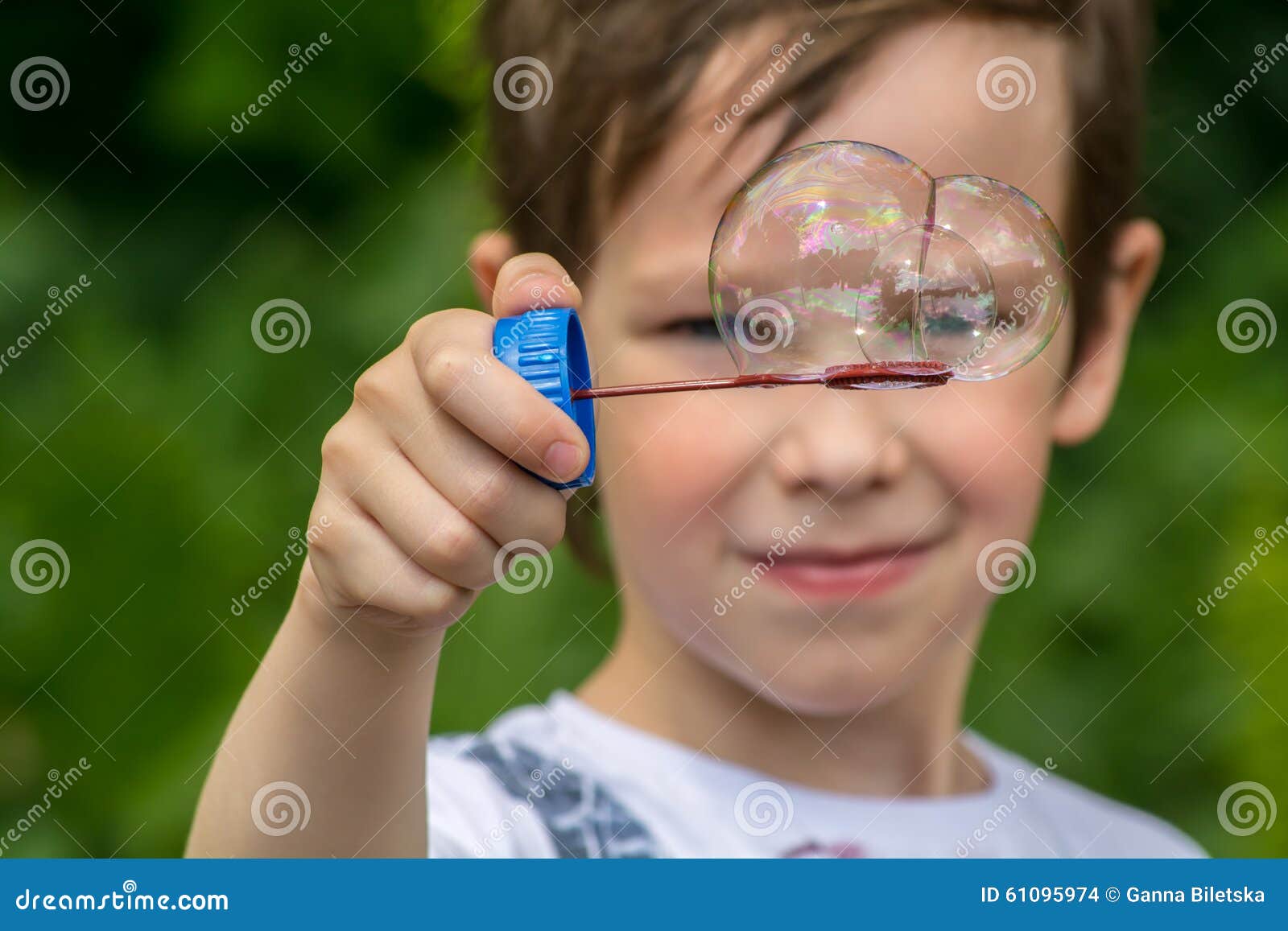 Little Boy Blew Colored Soap Bubbles Stock Photo - Image of puff ...