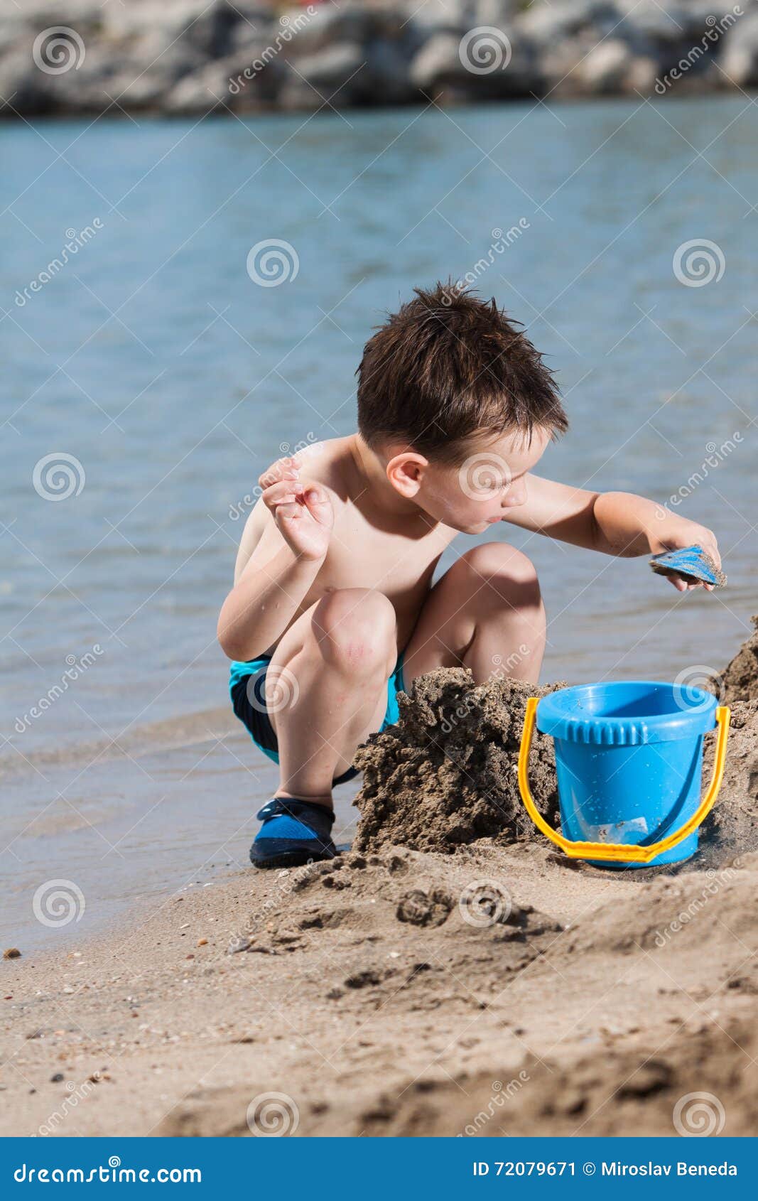Little Boy in Blue Sea and Sand Play Stock Image - Image of caucasian ...