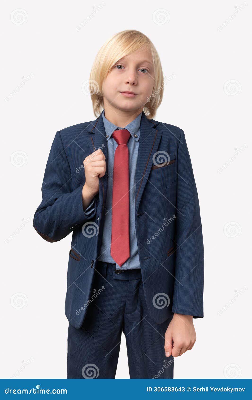 Little Boy in a Blue Suit and Red Tie. Isolated on White Background ...