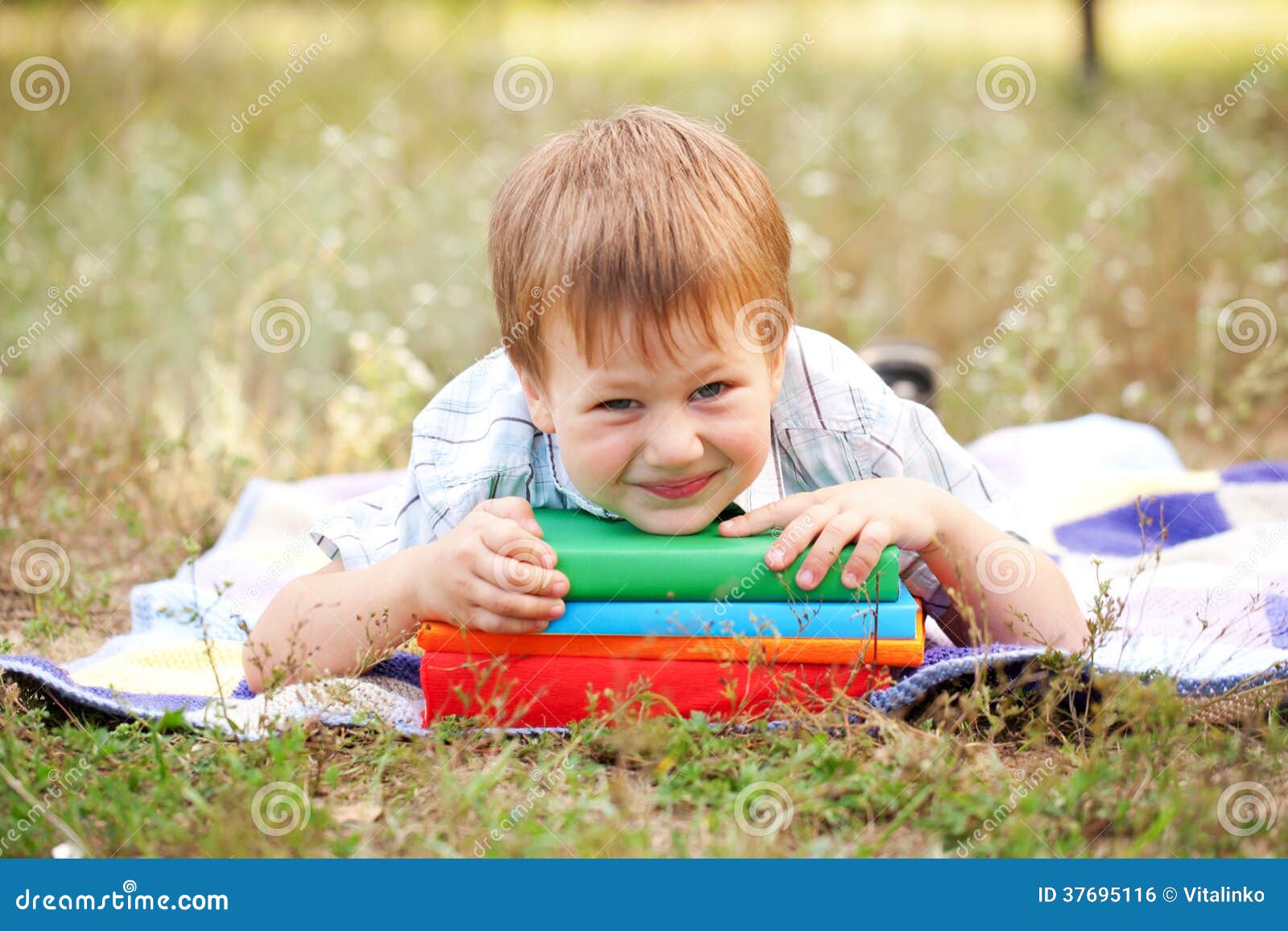 Little Boy and Books Outdoors. Back To School. Stock Photo - Image of ...