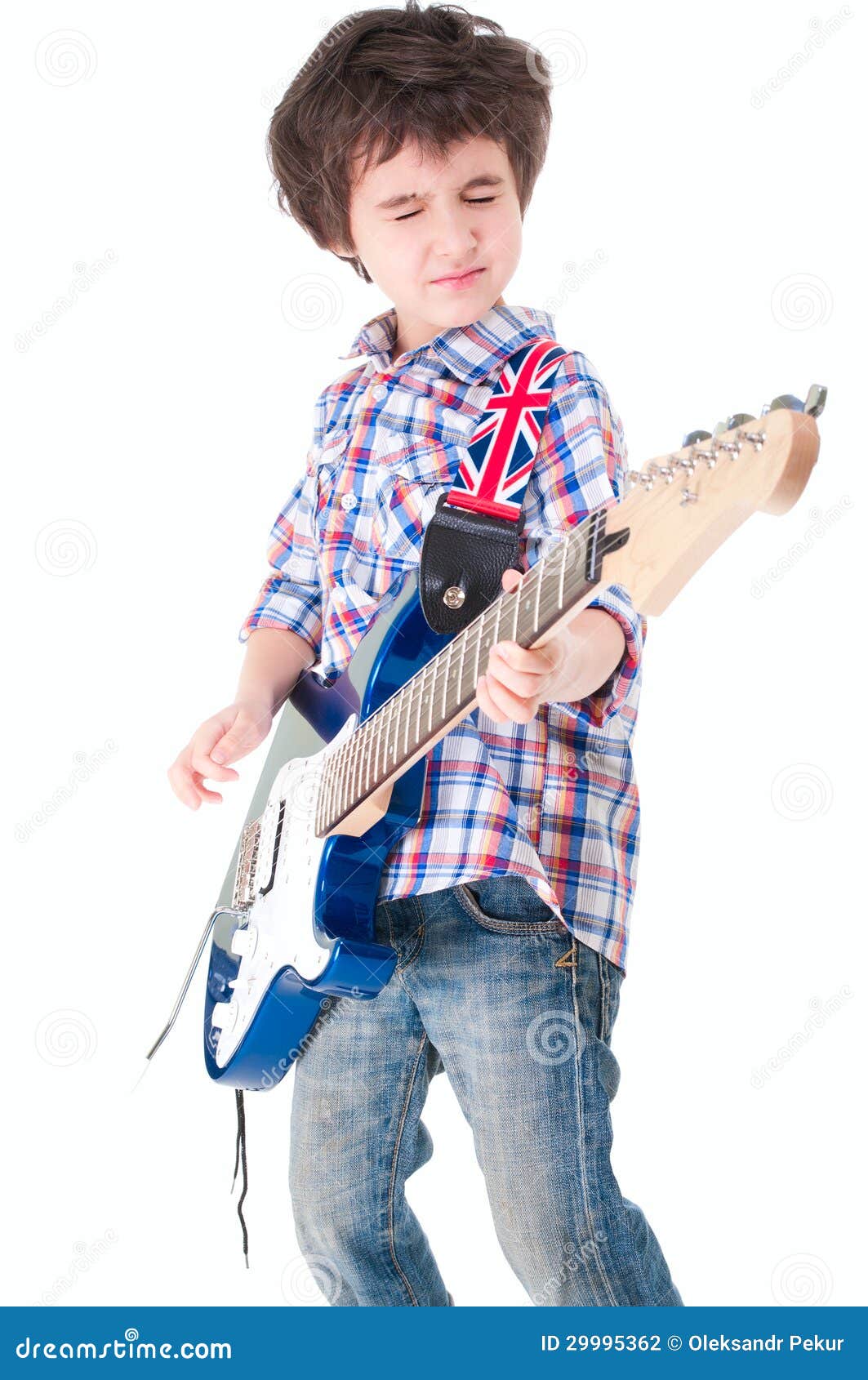 Little Boy Britpop Style with Electoguitar Eyes Closed Stock Photo ...