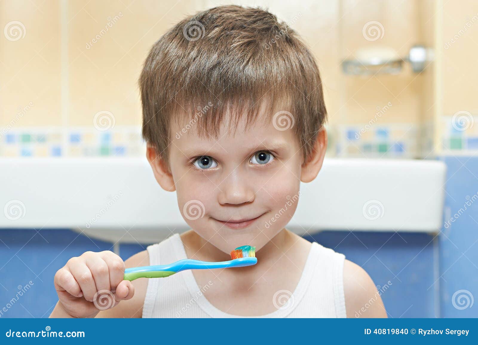 Little Boy Brushing His Teeth Stock Photo - Image of hair, smiling ...