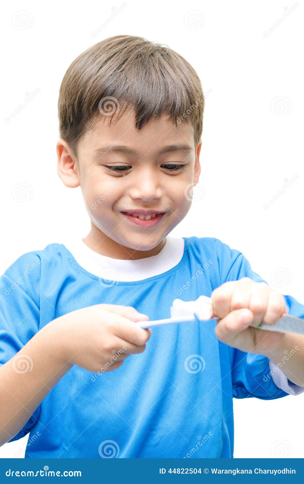 Little Boy Brushing Teeth Using Toothpaste Stock Photo - Image of green ...