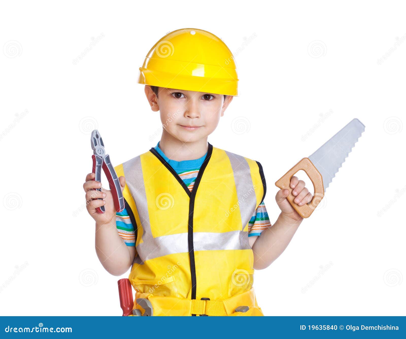 Little Boy in Builder S Uniform with Tools Stock Photo - Image of ...
