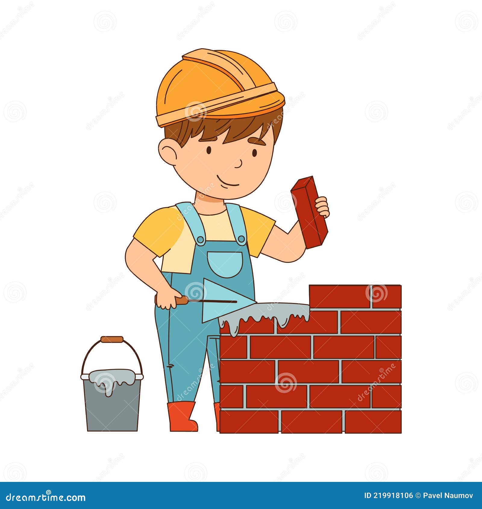 Little Boy Builder Wearing Hard Hat Doing Mason Work Vector ...