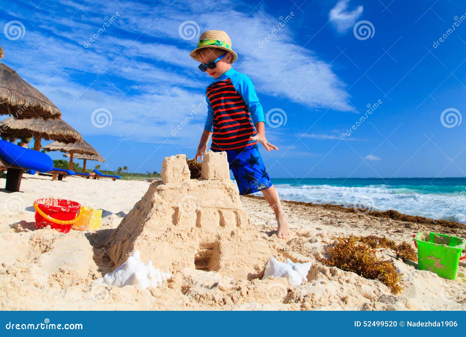 Little Boy Building Sandcastle on Sand Beach Stock Photo - Image of ...
