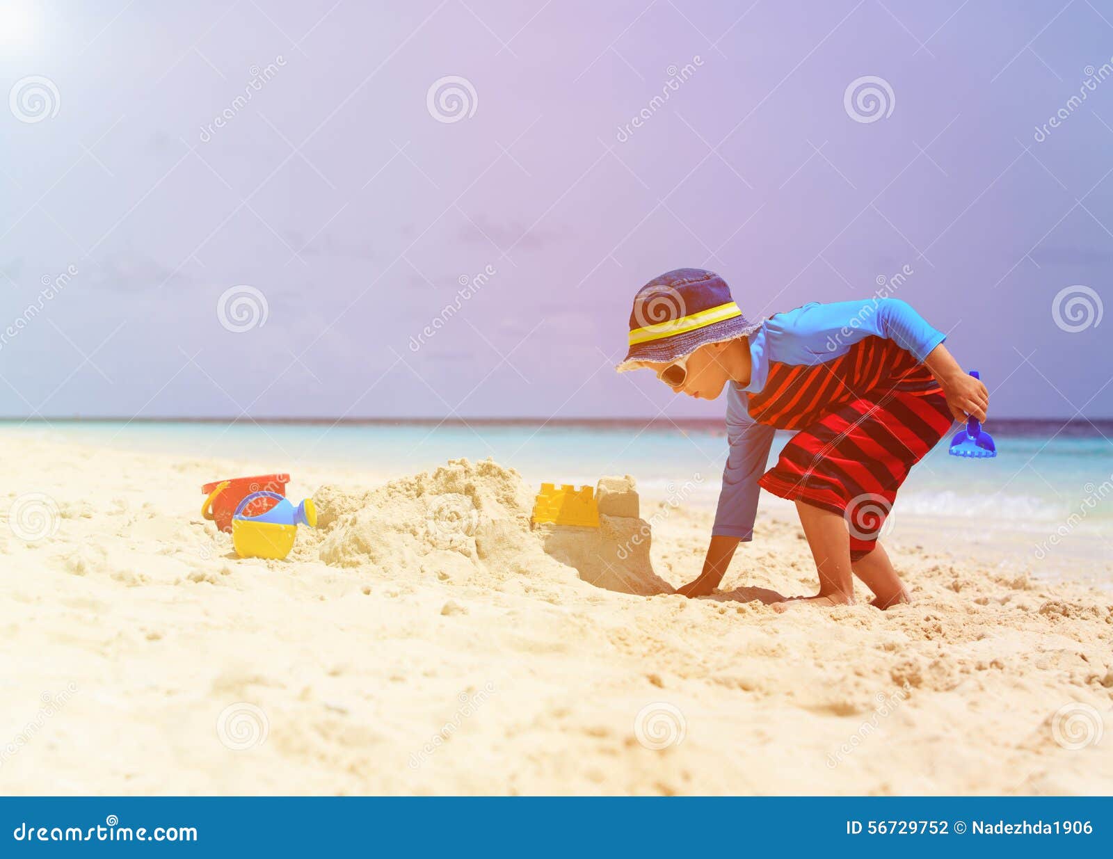 Little Boy Building Sandcastle on Tropical Beach Stock Photo - Image of ...