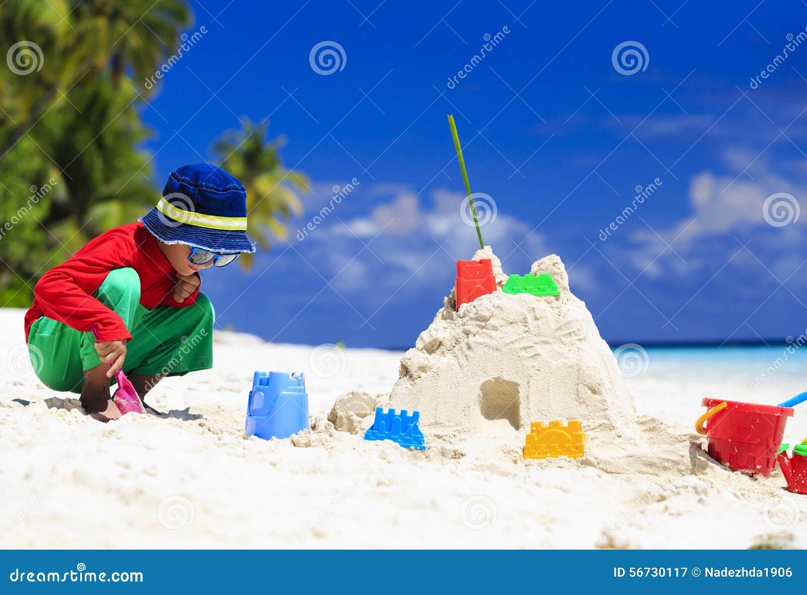 Little Boy Building Sandcastle on Tropical Beach Stock Image - Image of ...