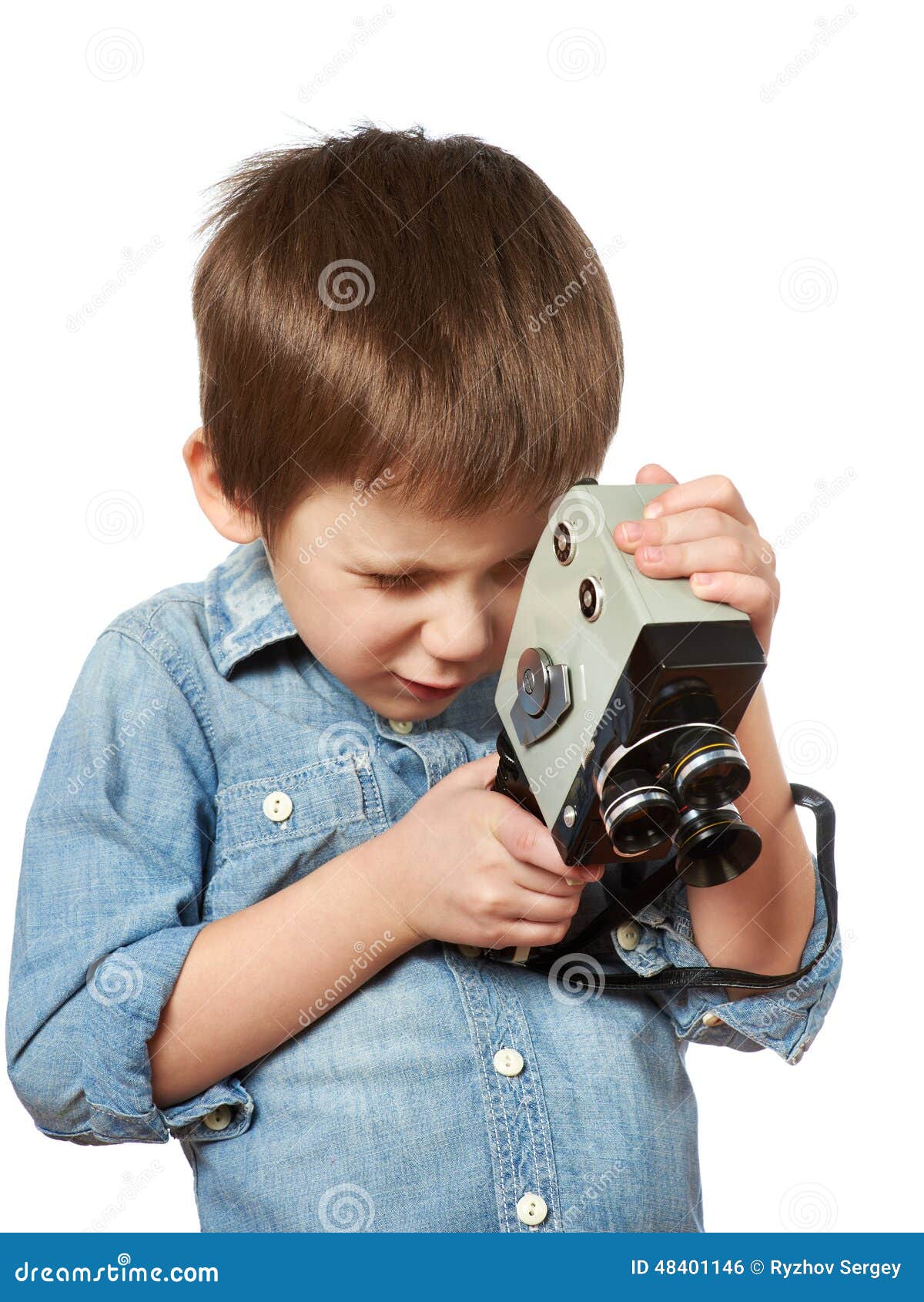 Little Boy Cameraman Filming with Retro Camera Stock Photo - Image of ...