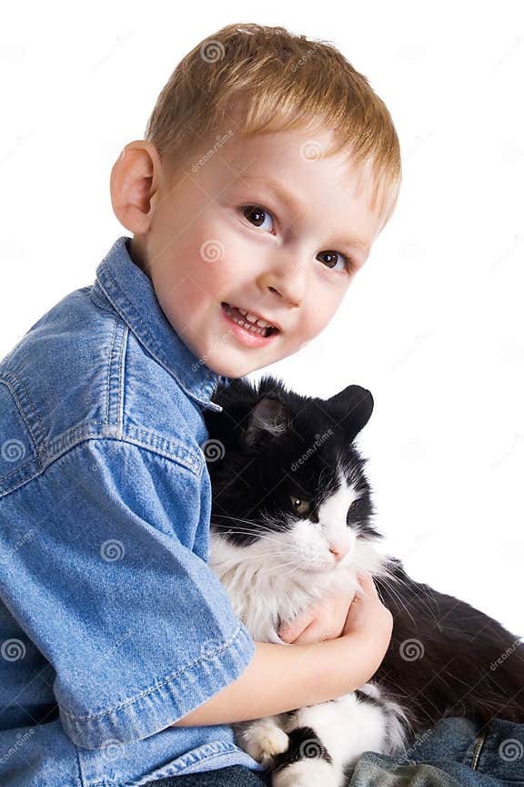 Little boy and cat stock photo. Image of childhood, child - 4128566