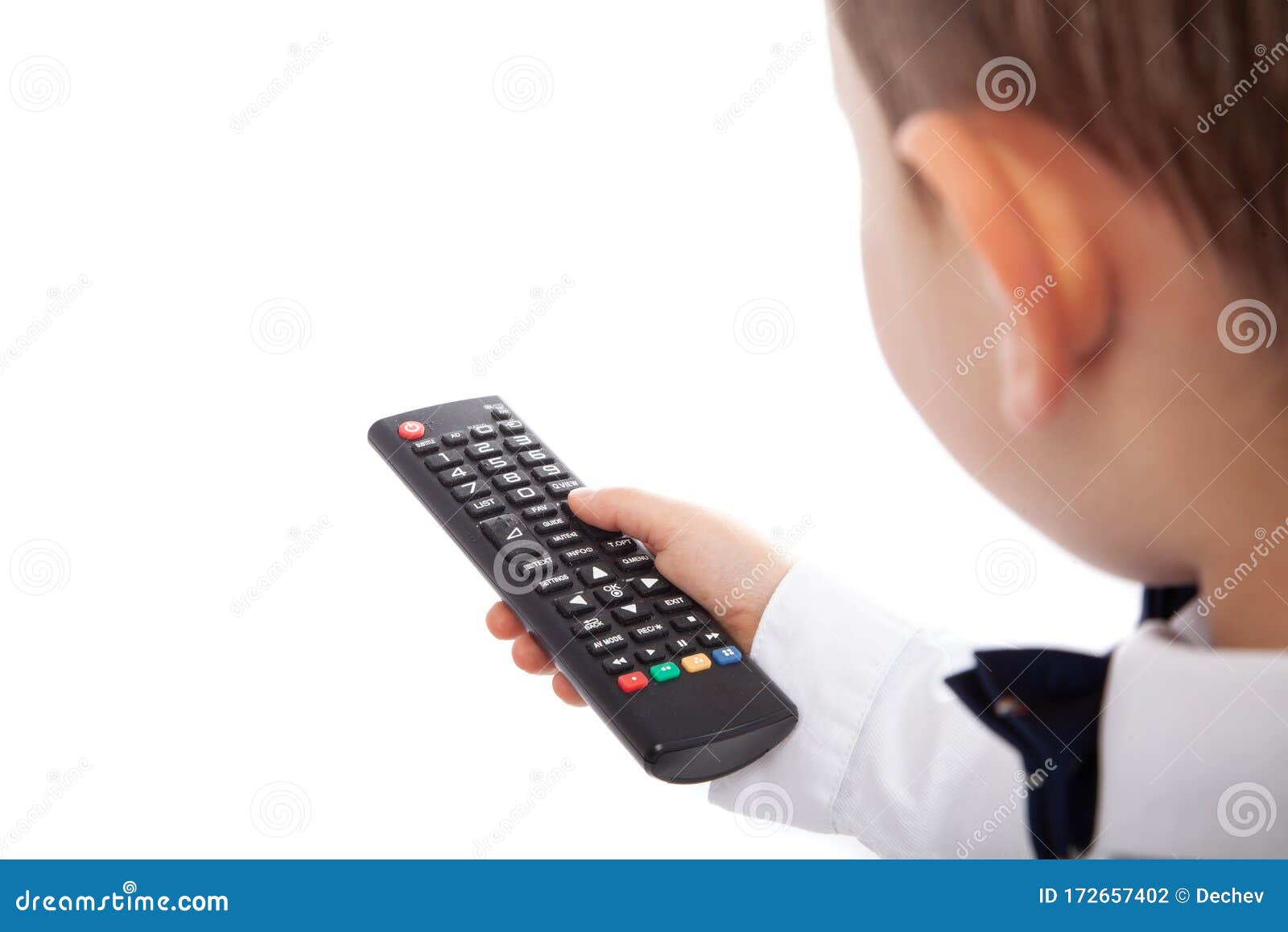 Little Boy Changing Channels on TV Using Remote Control, Isolated on ...